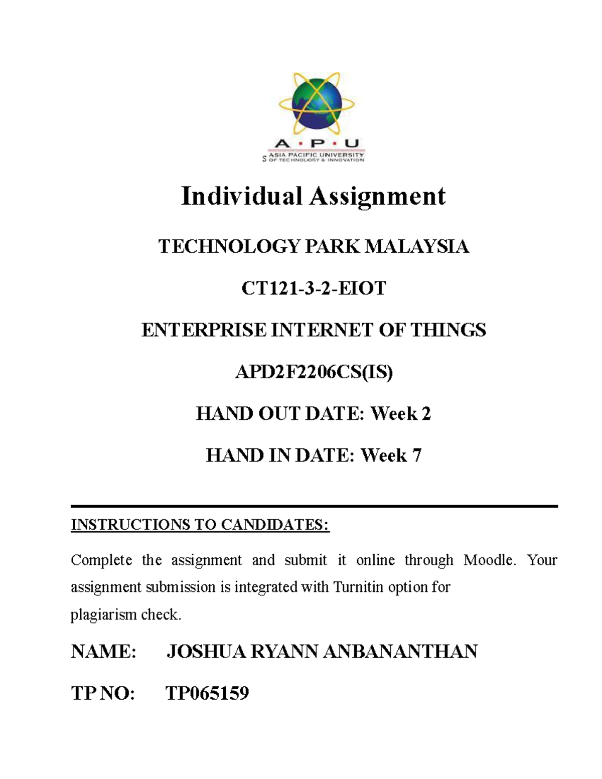 EIOT Part1.docx - s Individual Assignment TECHNOLOGY PARK MALAYSIA CT121-3-2-EIOT ENTERPRISE ...