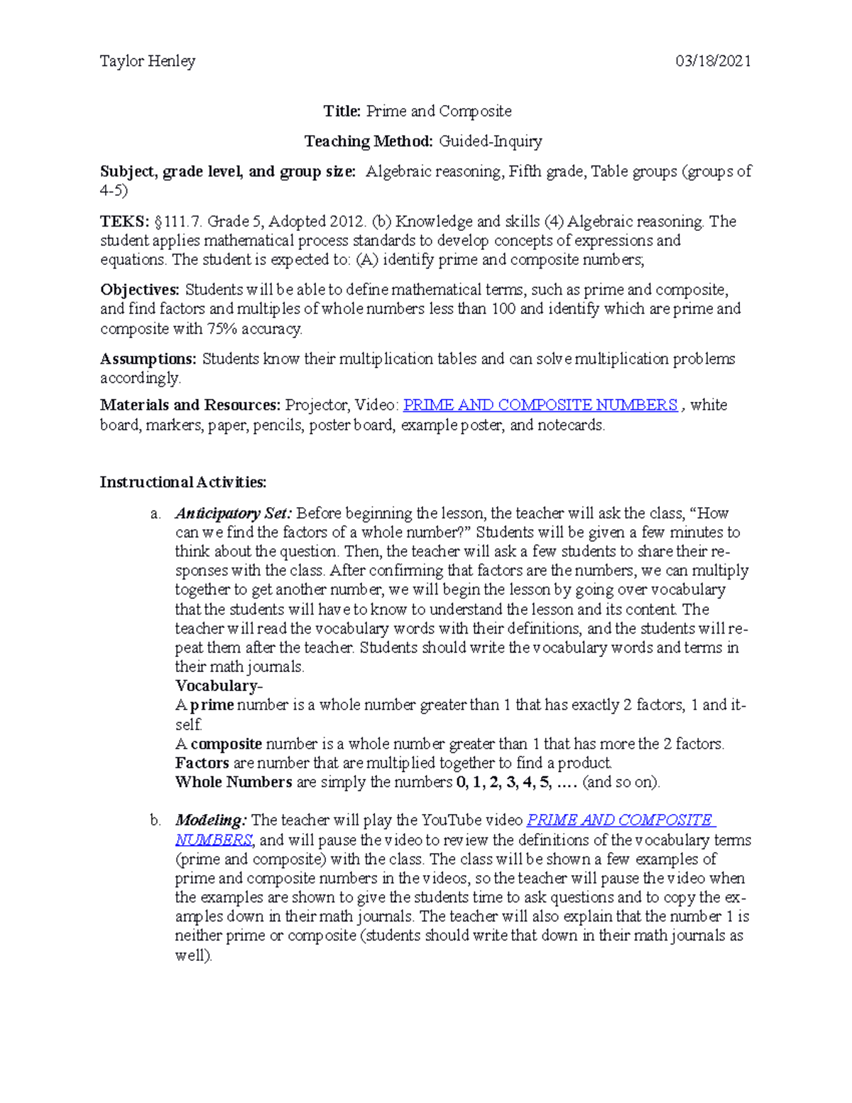 Prime and Composite Lesson Plan (PEDG 3350) - Taylor Henley Title ...