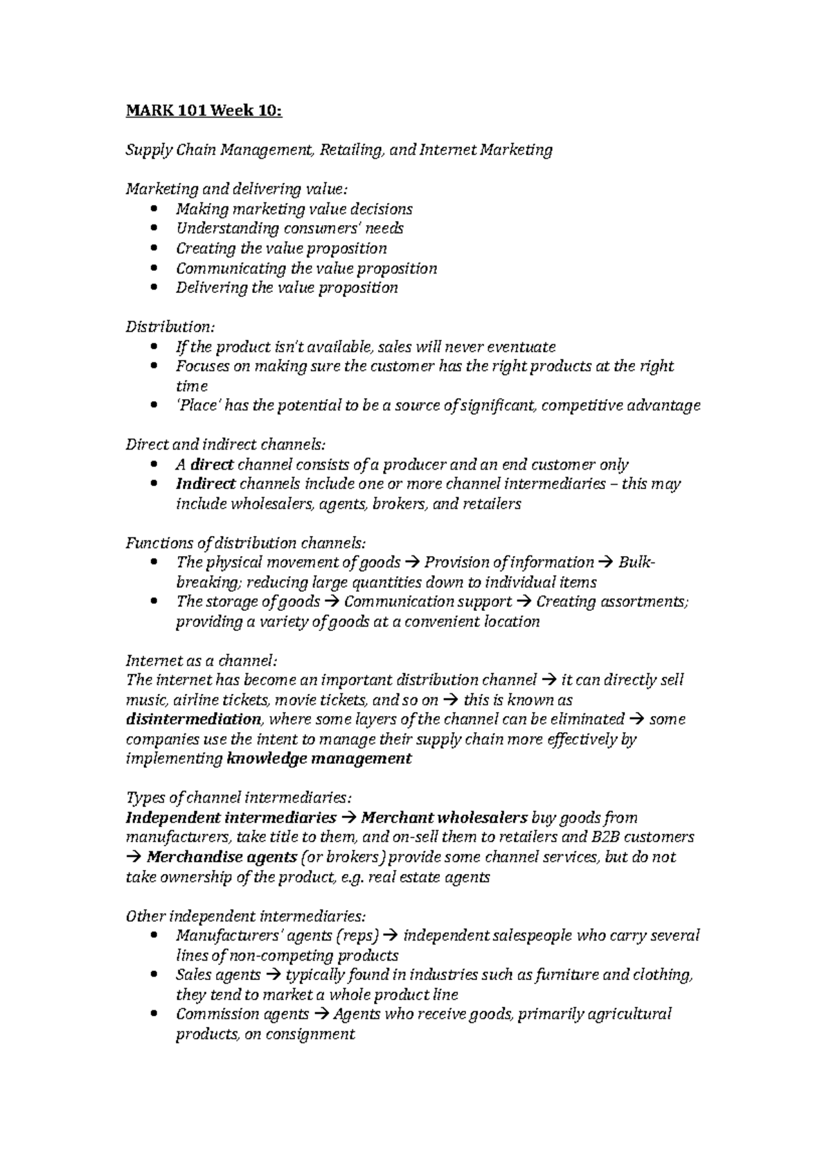 MARK 101 Lecture notes Lectures Week 10 - MARK 101 Week 10: Supply ...