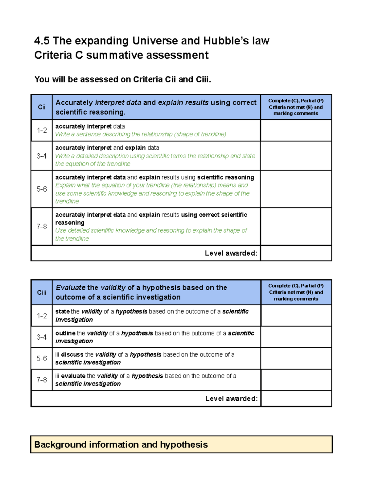 - 4.5 The expanding Universe & Hubble's law Criteria C summative ...