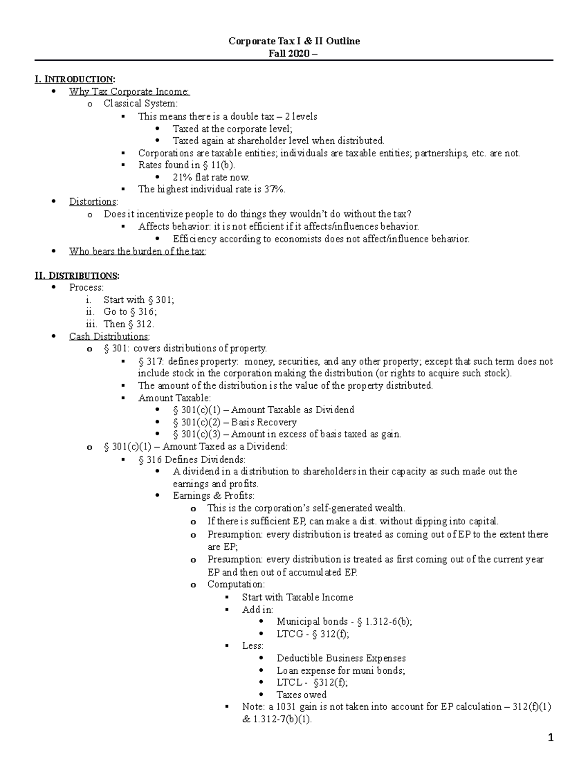 Corp Tax Outline 1 for law school LLM - Corporate Tax I & II Outline ...