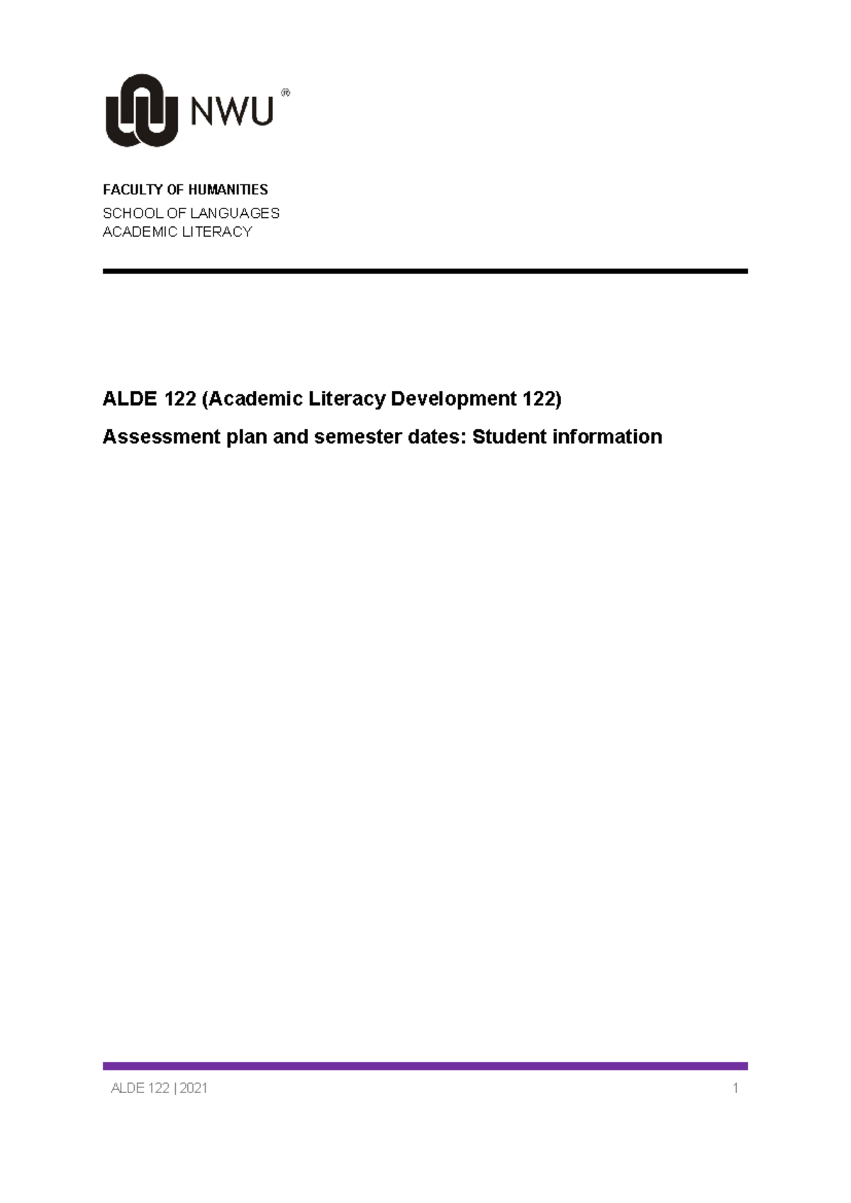 ALDE 122 Assessment Plan 2021 - FACULTY OF HUMANITIES SCHOOL OF ...