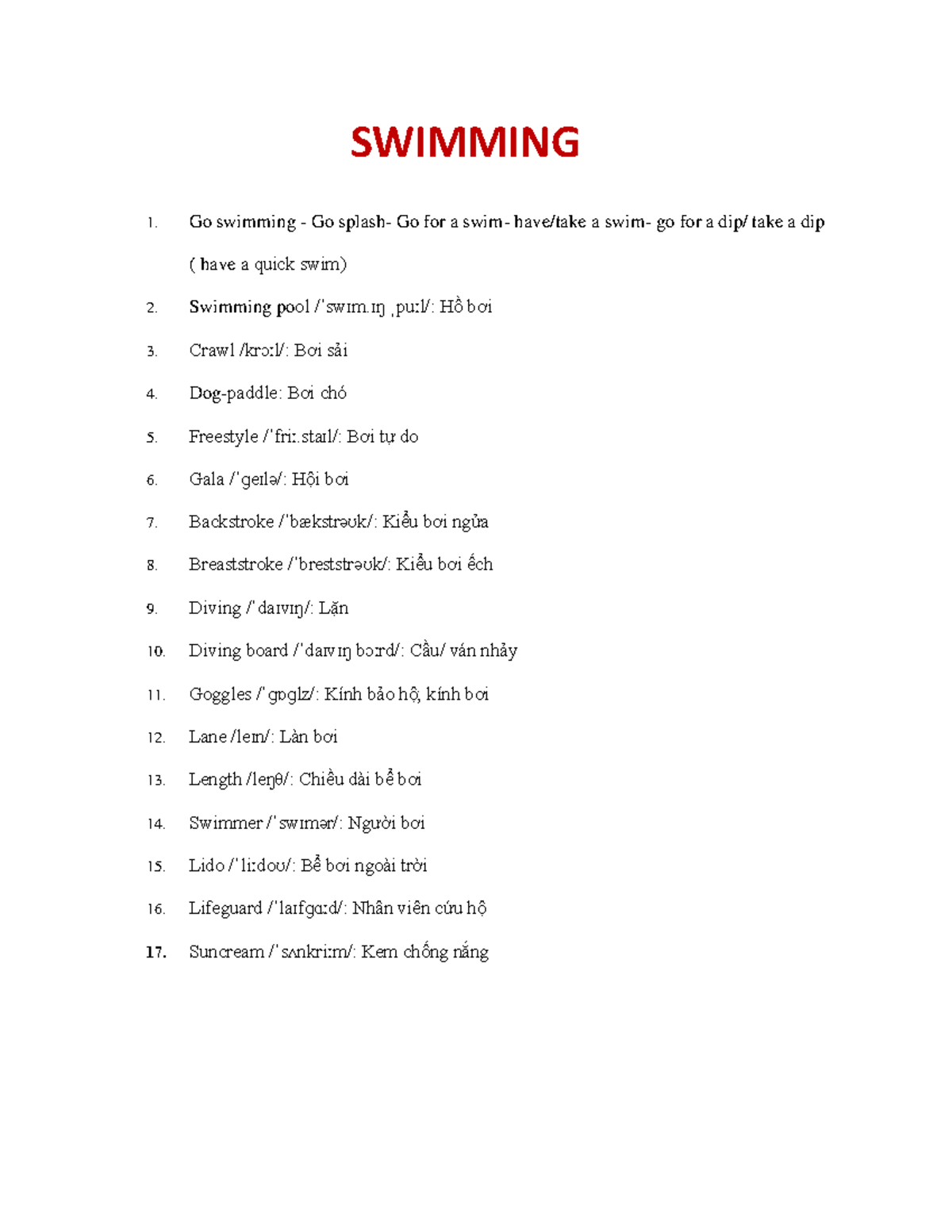 Handout 1 Swimming - Bai tap - SWIMMING 1. Go swimming - Go splash- Go ...