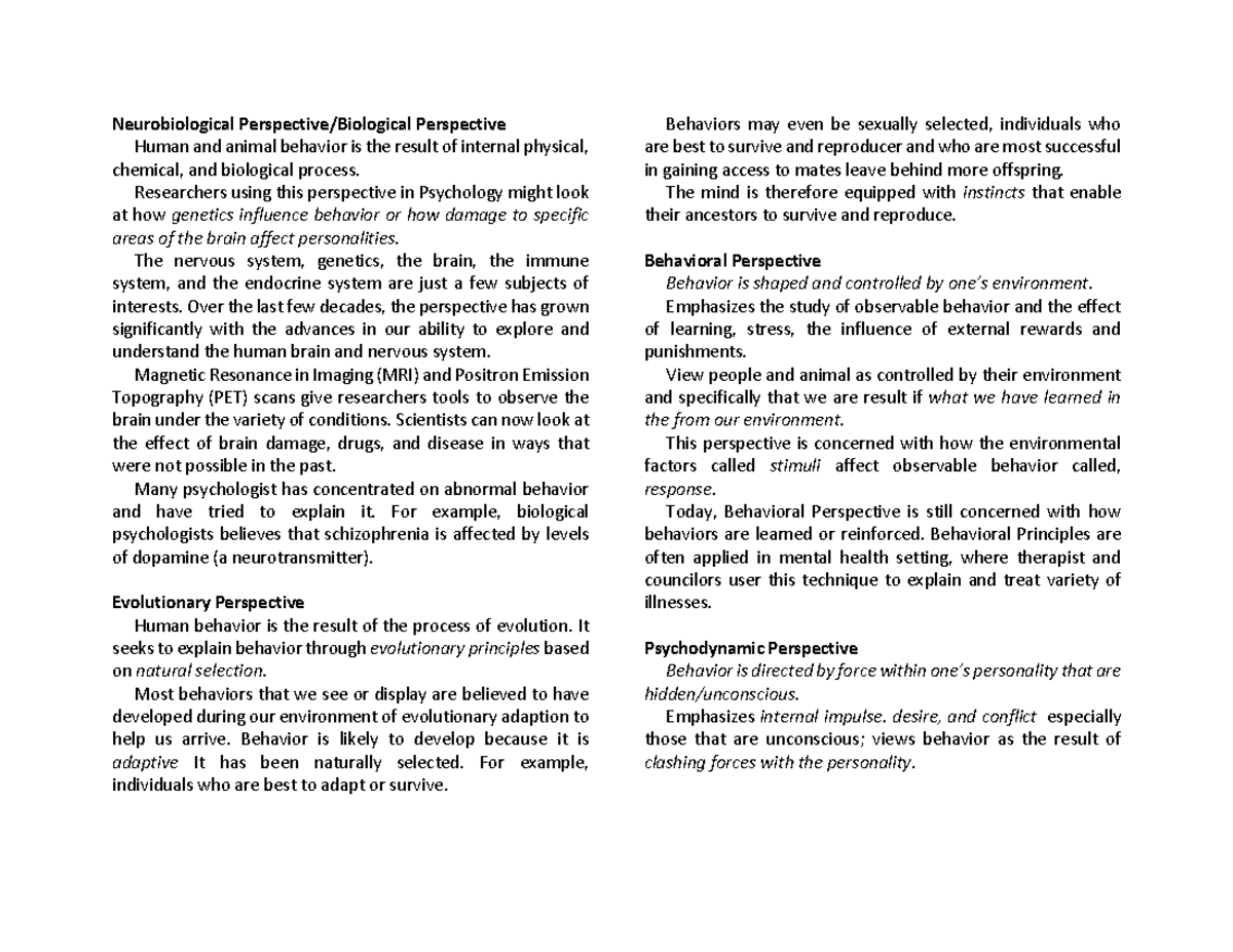 Contemporary Perspective of Psychology - Neurobiological Perspective ...