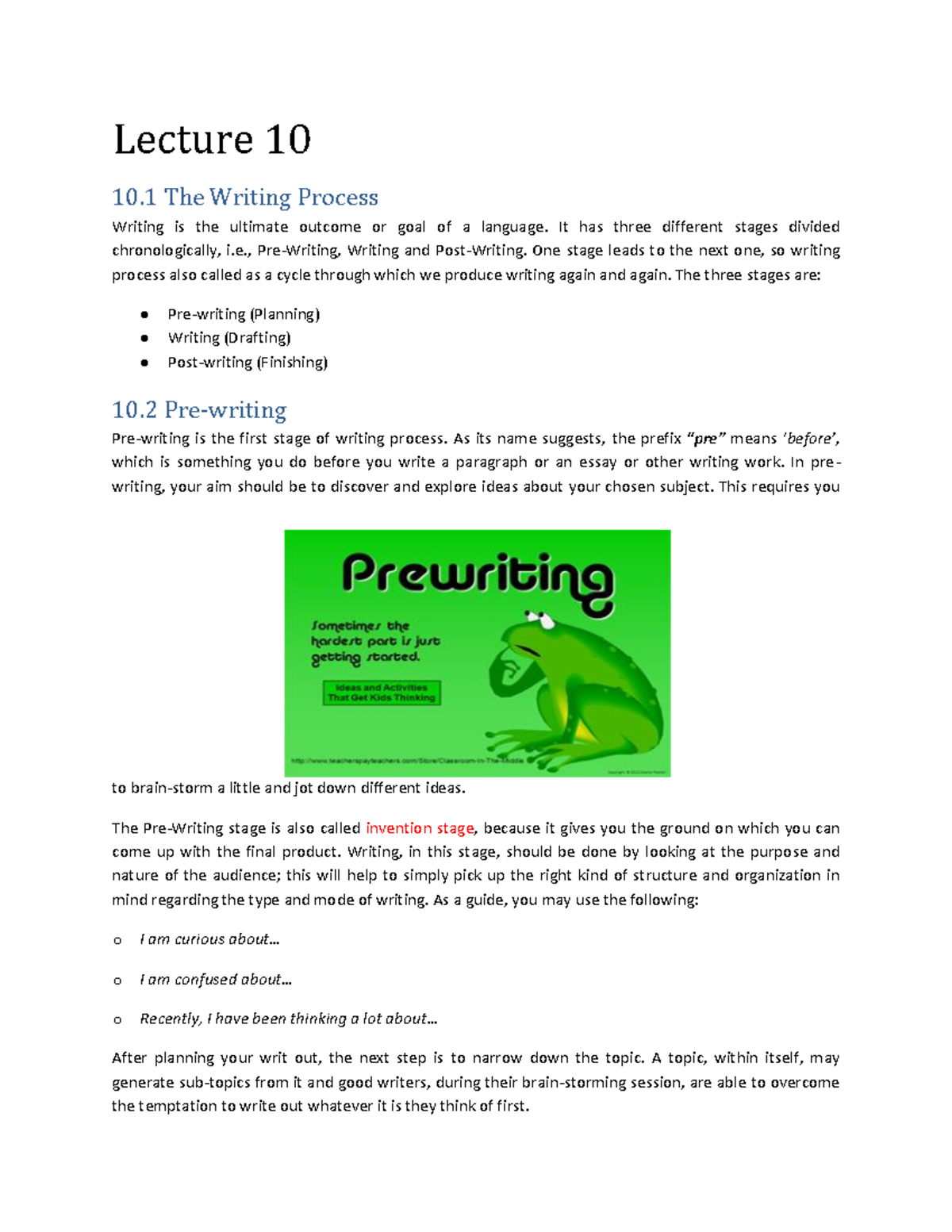 HUM102 Handouts Lecture 10 - Lecture 10 10 The Writing Process Writing ...