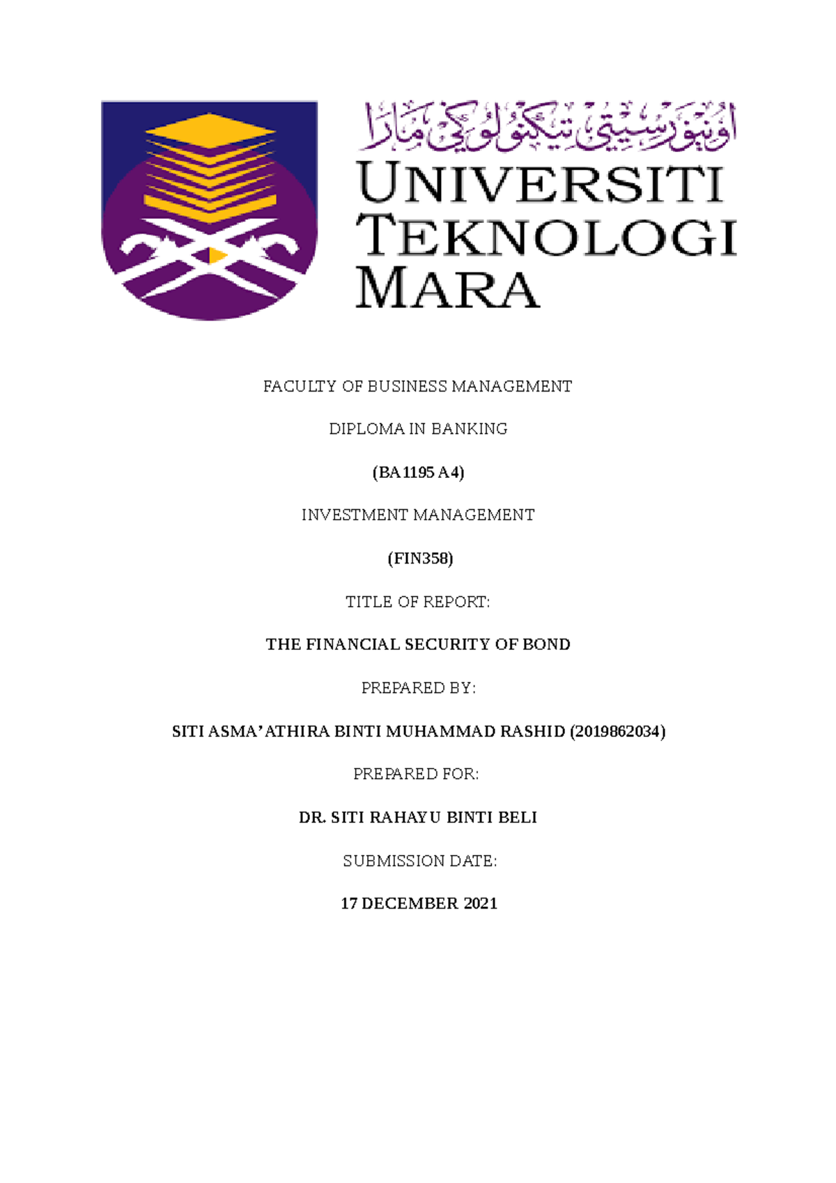 FIN358 Individual Assignment - FACULTY OF BUSINESS MANAGEMENT DIPLOMA ...