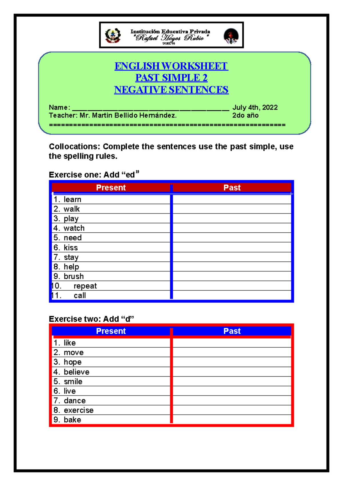 English Worksheet.docx 2DO AÑO Ingles - ENGLISH WORKSHEET PAST SIMPLE 2 ...