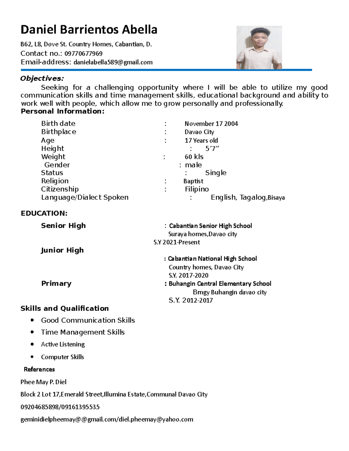 Resume-Dela Cruz - bgada - Daniel Barrientos Abella B62, L8, Dove St ...