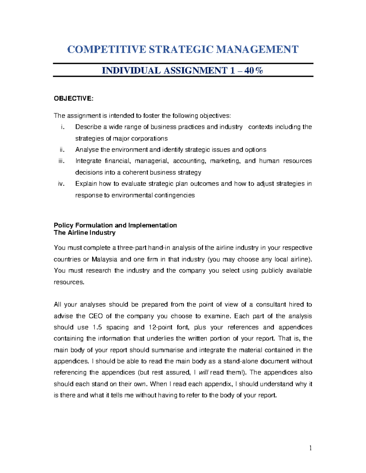 Individual Assignment 1- March 2024 - COMPETITIVE STRATEGIC MANAGEMENT ...
