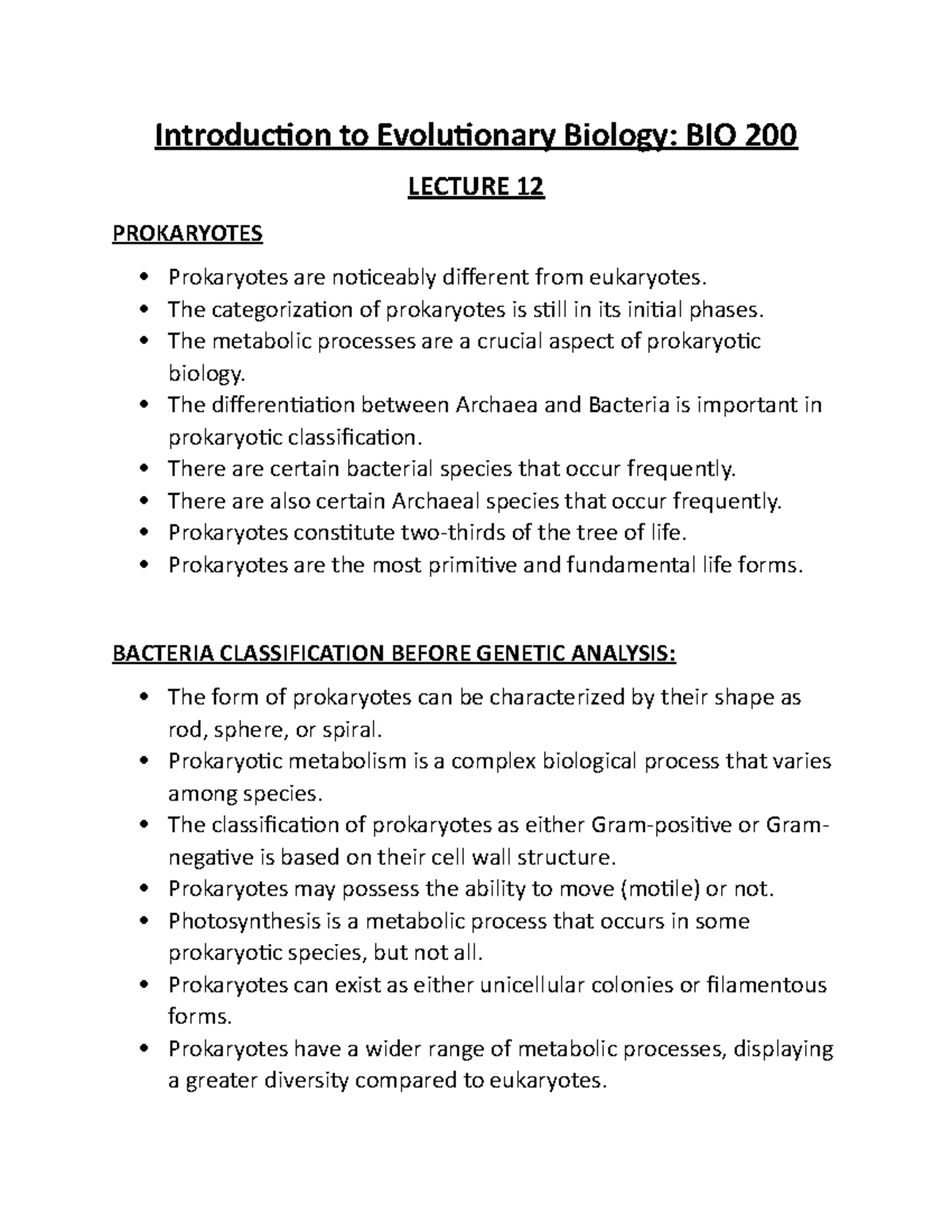 Introduction to Evolutionary Biology BIO 200 Lecture 12 - MY Notes ...