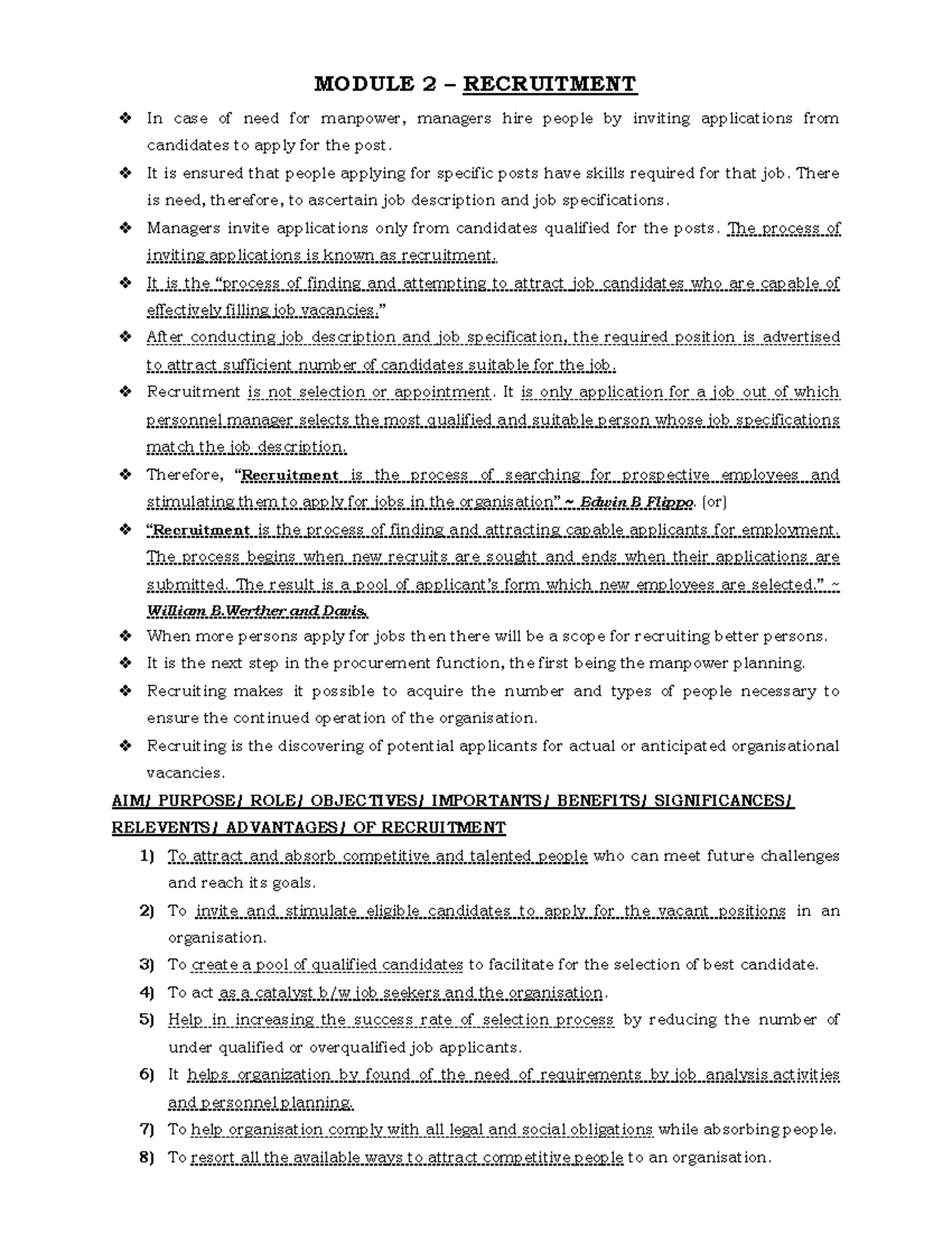 HRM 2 - Hrm notes - MODULE 2 – RECRUITMENT In case of need for manpower ...