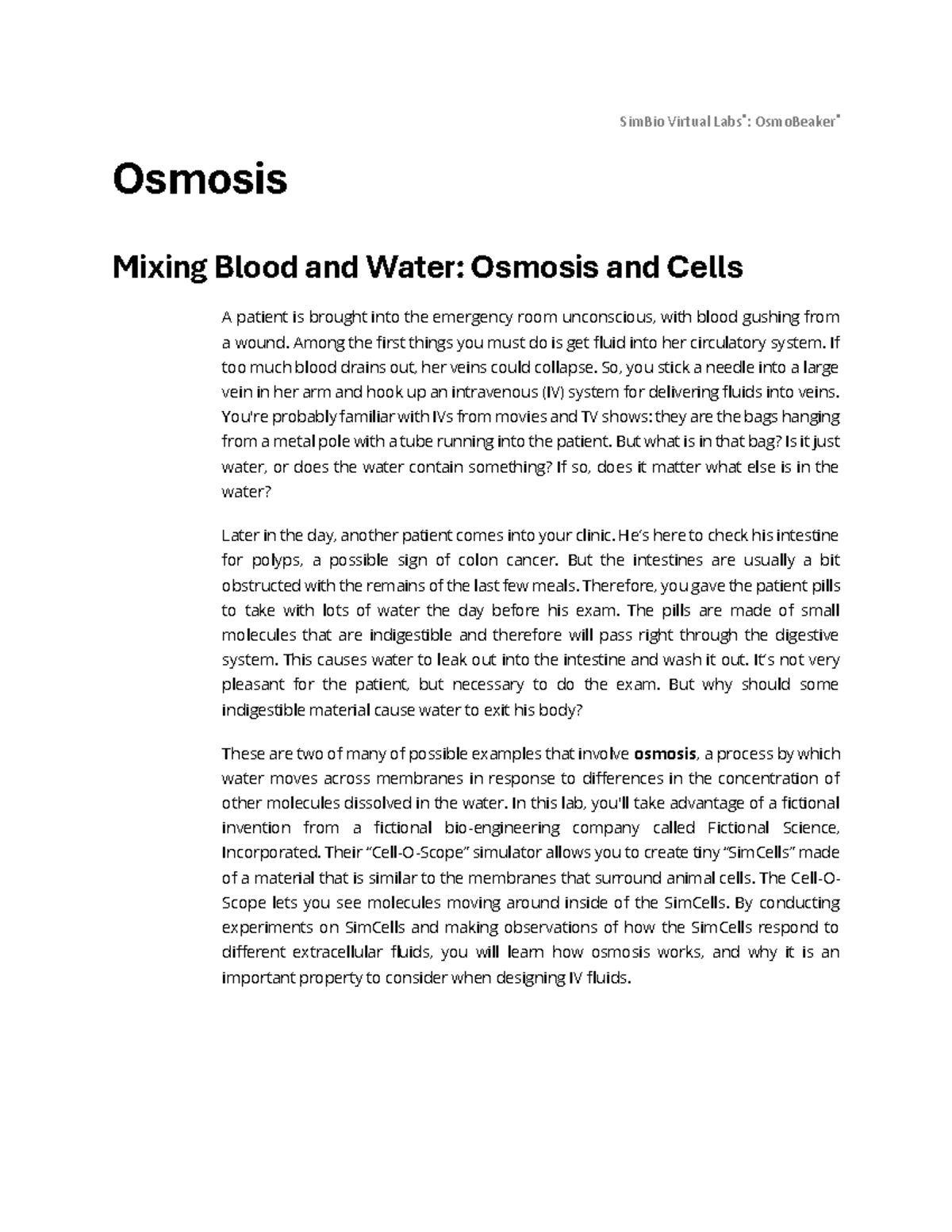 Osmosis Questionnaire - SimBio Virtual Labs®: OsmoBeaker® Osmosis Mixing Blood and Water ...