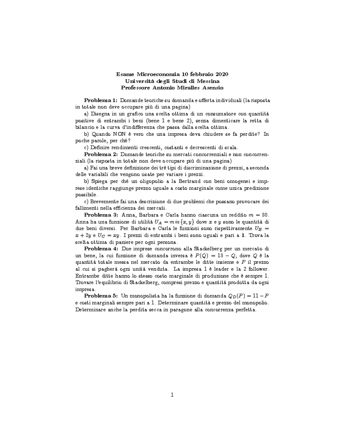 Esame Micro 202002 10 - Esame Microeconomia 10 febbraio 2020 Universit‡ degli Studi di Messina ...