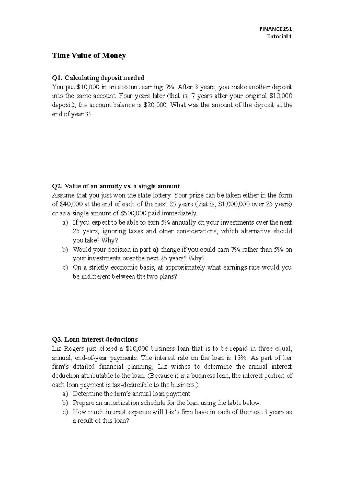 Tutorial 1 (Topic 2 Time Value of Money) Questions - FINANCE Tutorial 1 ...