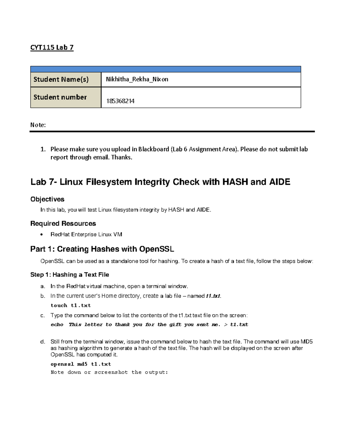 CYT115 Lab 7 Nikhitha Rekha Nixon 185368214 - CYT115 Lab 7 Student Name ...