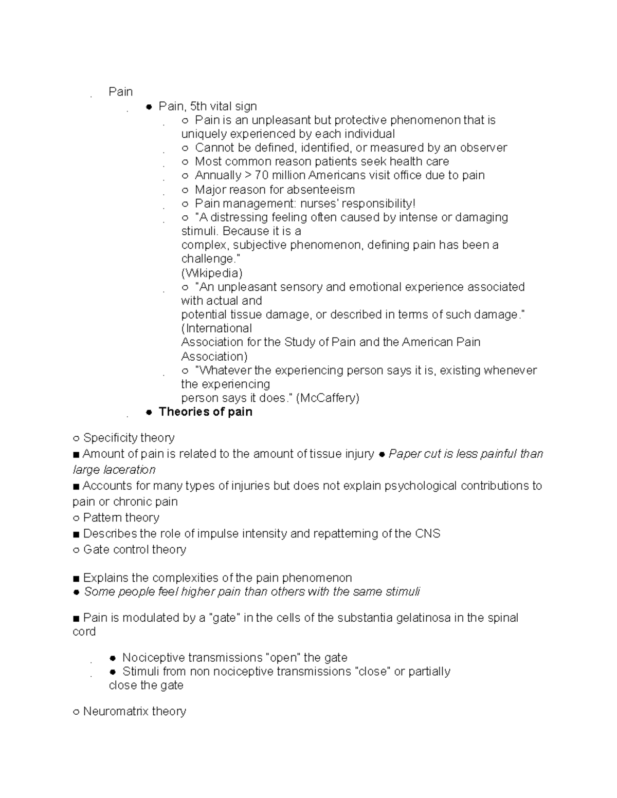 Notes on pain - Pain Pain, 5th vital sign Pain is an unpleasant but ...