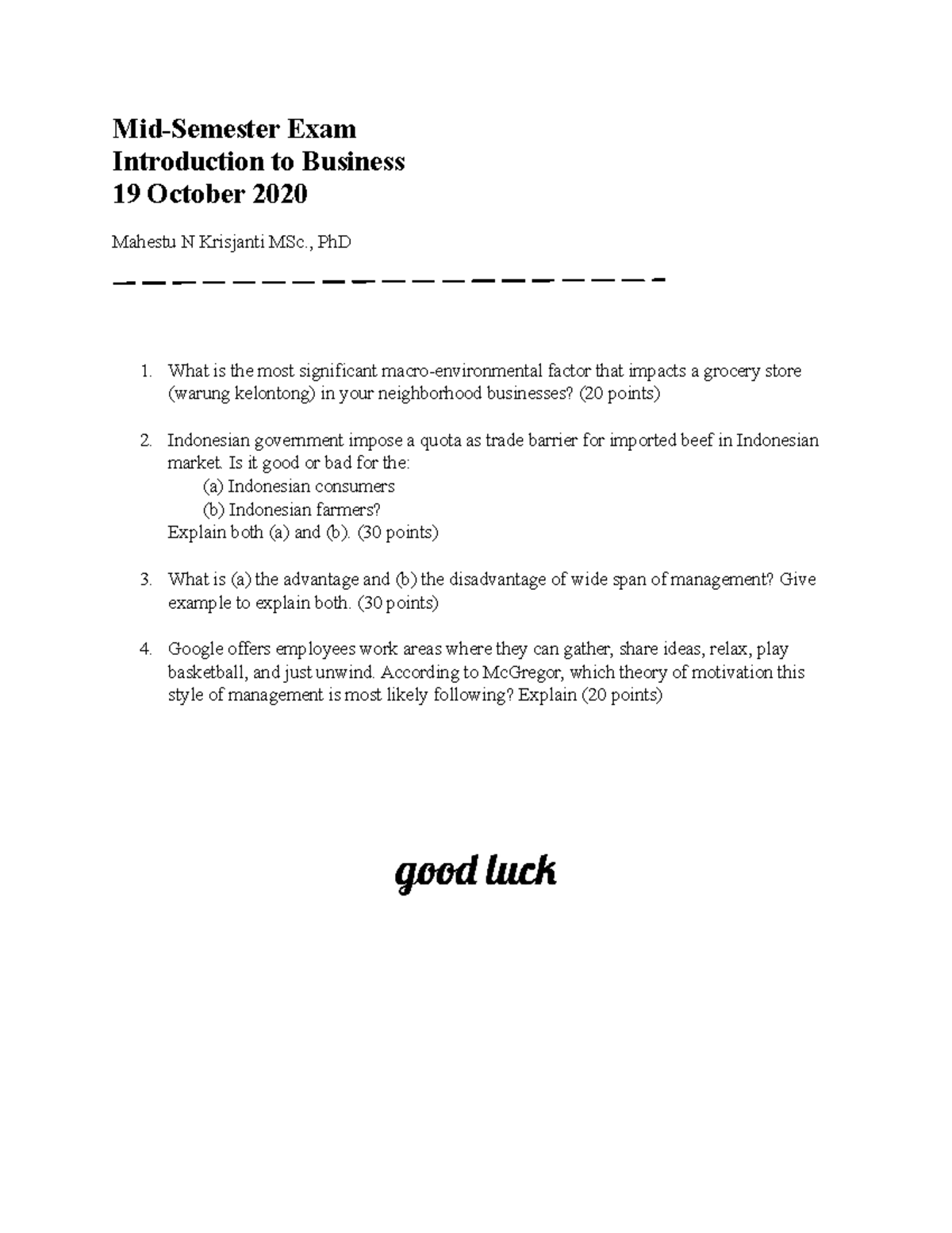 UTS Introduction to Business - Mid-Semester Exam Introduction to ...