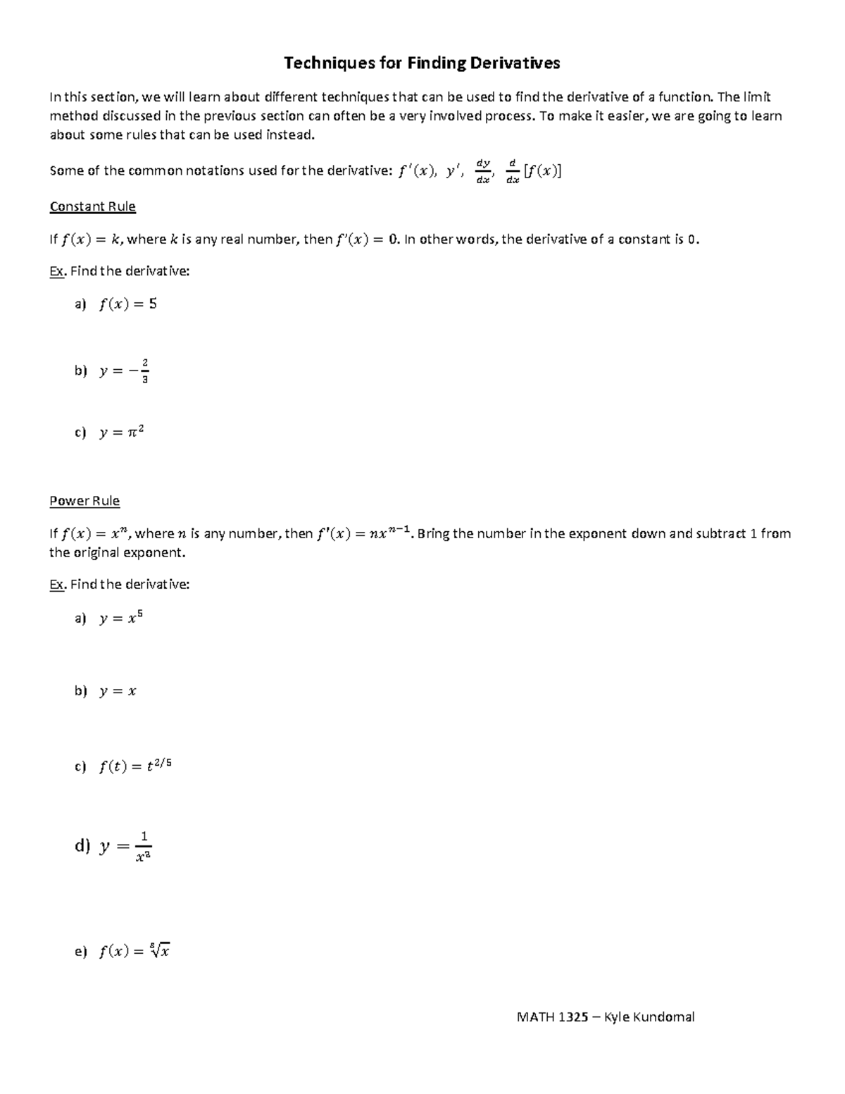 4.1 - Techniques for Finding Derivatives (Blank) - MATH 1325 – Kyle ...