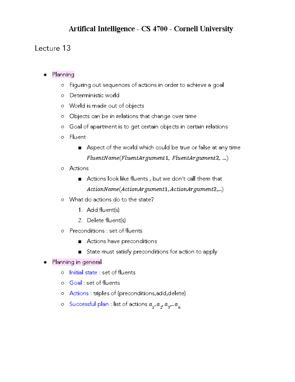 Cornell University - Artifical Intelligence - Lec 13 - Lecture 13 Planning Figuring out - Studocu
