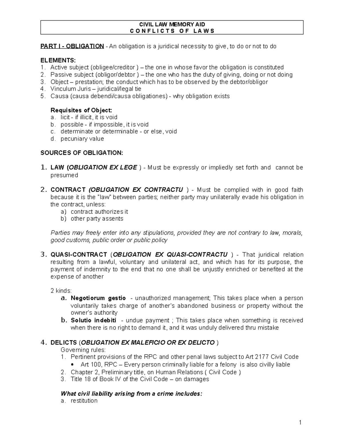 Memory aid oblicon - NOTES - C O N F L I C T S O F L A W S PART I ...