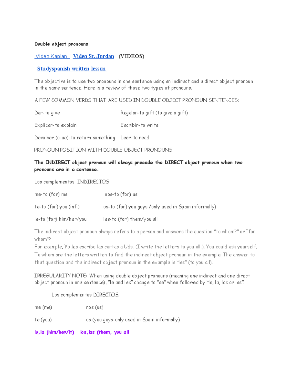 8 double object pronouns - Double object pronouns Video Kaplan Video Sr ...