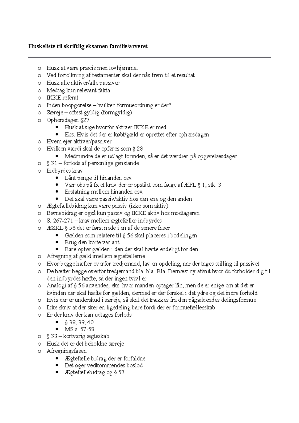 Huskeliste til skriftlig eksamen familie - Huskeliste til skriftlig eksamen familie/arveret o ...