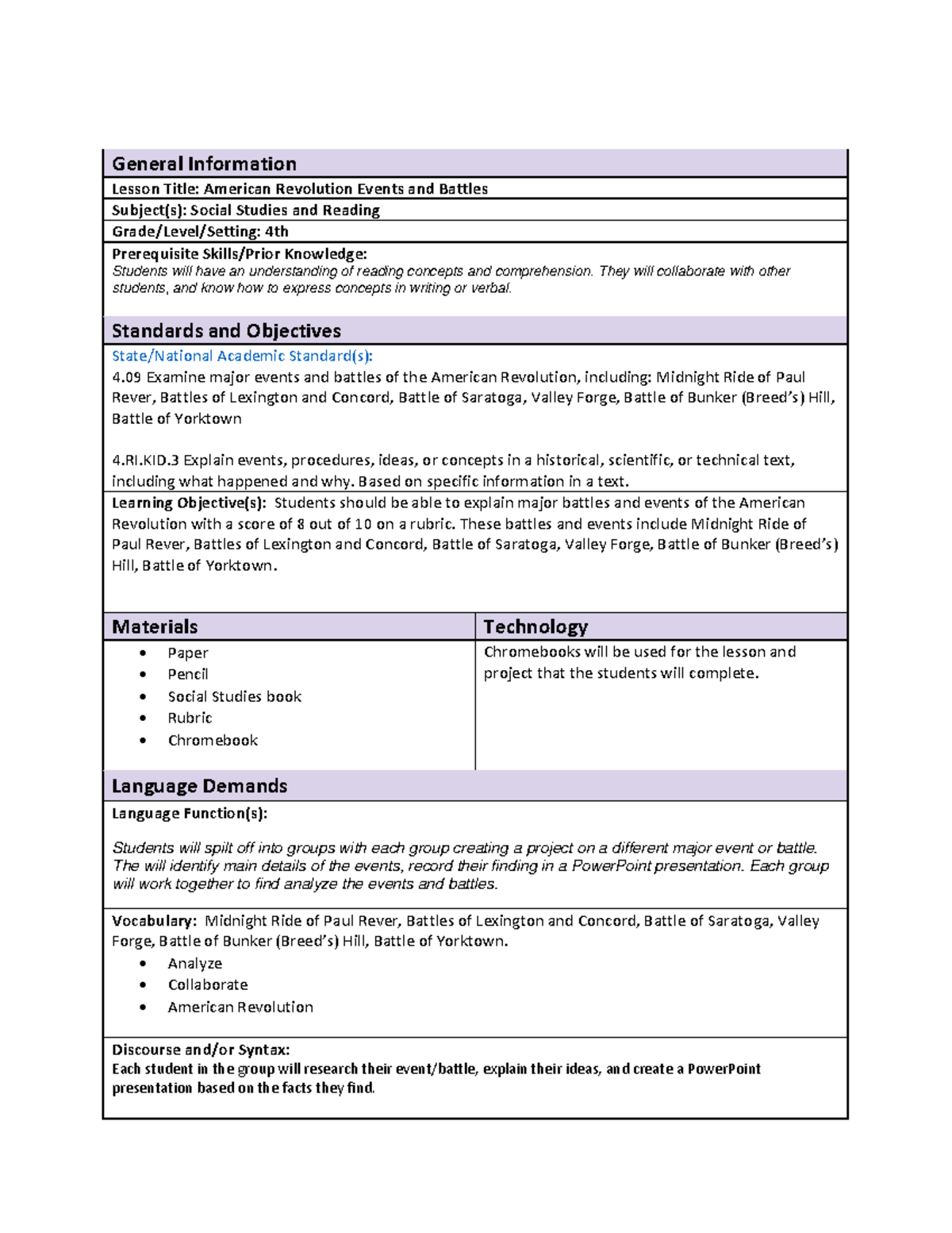 Lessonplantask 1 - lesson plan for task 1 in C732 - General Information ...