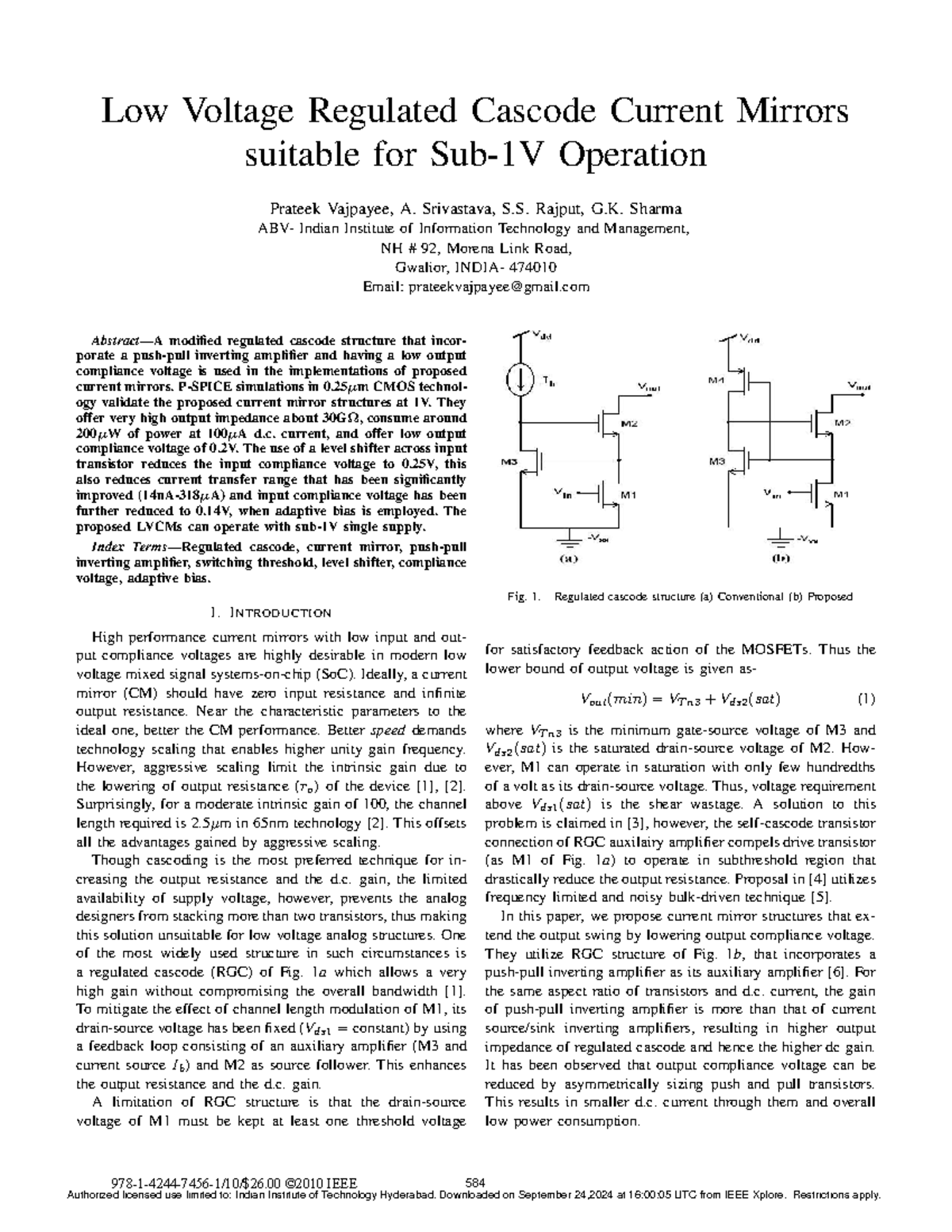 Low voltage regulated cascode current mirrors suitable for sub-1V operation - Low Voltage ...