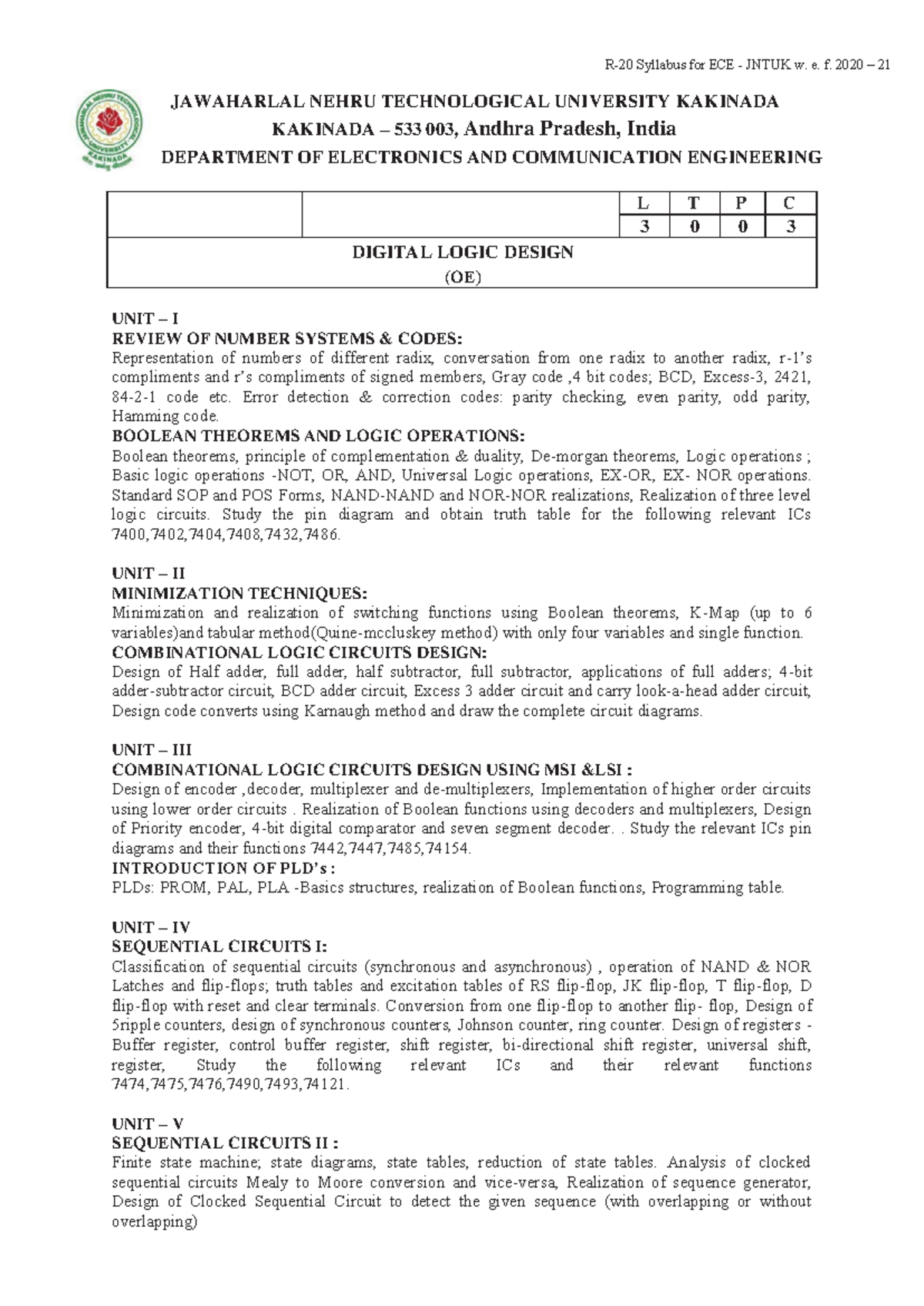 Dld syllabus - R-20 Syllabus for ECE - JNTUK w. e. f. 2020 – 21 ...