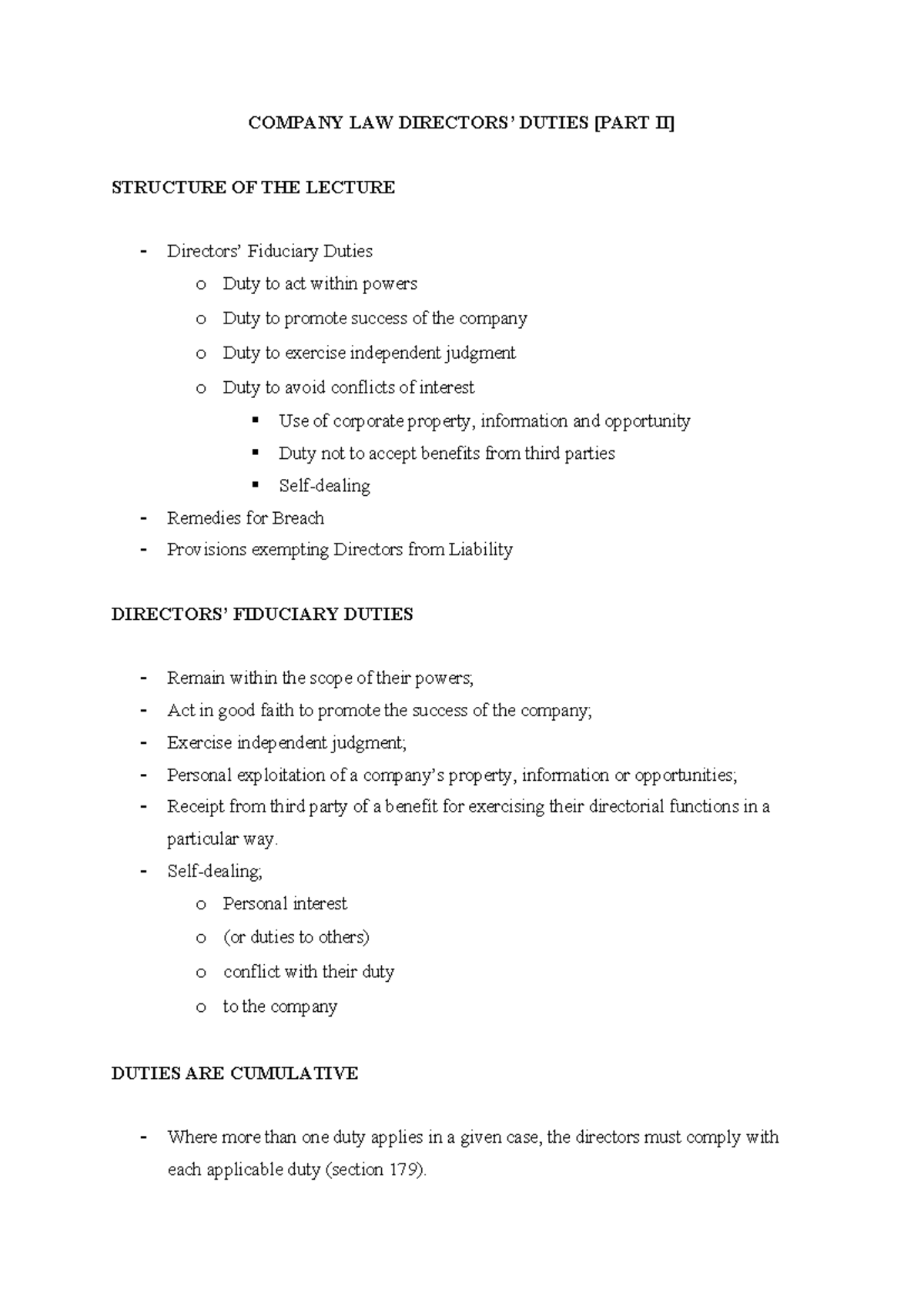 Directors Duties Part 2 - COMPANY LAW DIRECTORS’ DUTIES [PART II ...