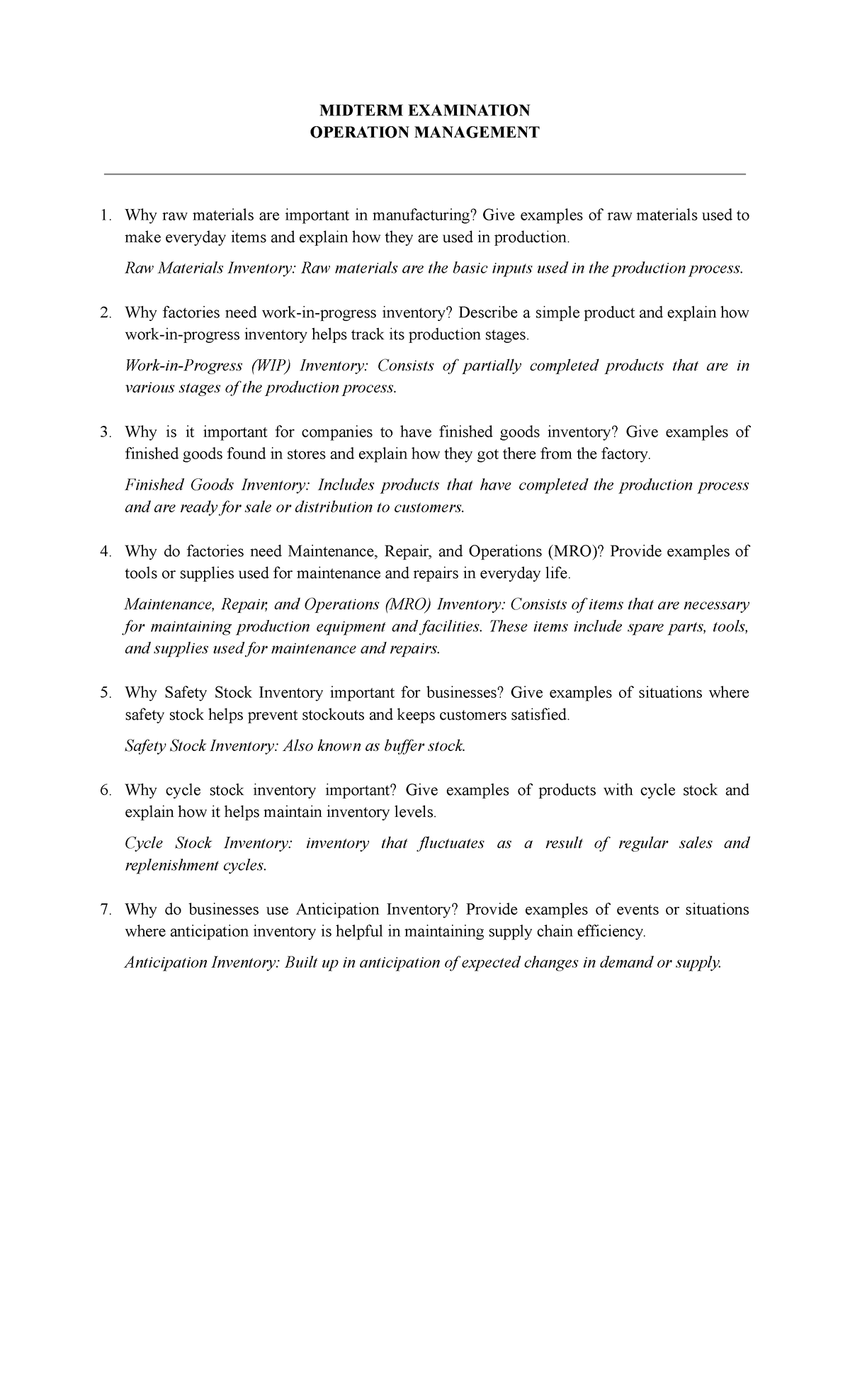 Midterm Examination Operation Management - MIDTERM EXAMINATION ...