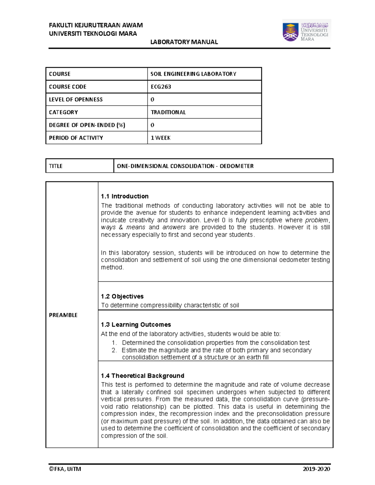 23 Oedometer Consolidation (Level 0) - UNIVERSITI TEKNOLOGI MARA ...