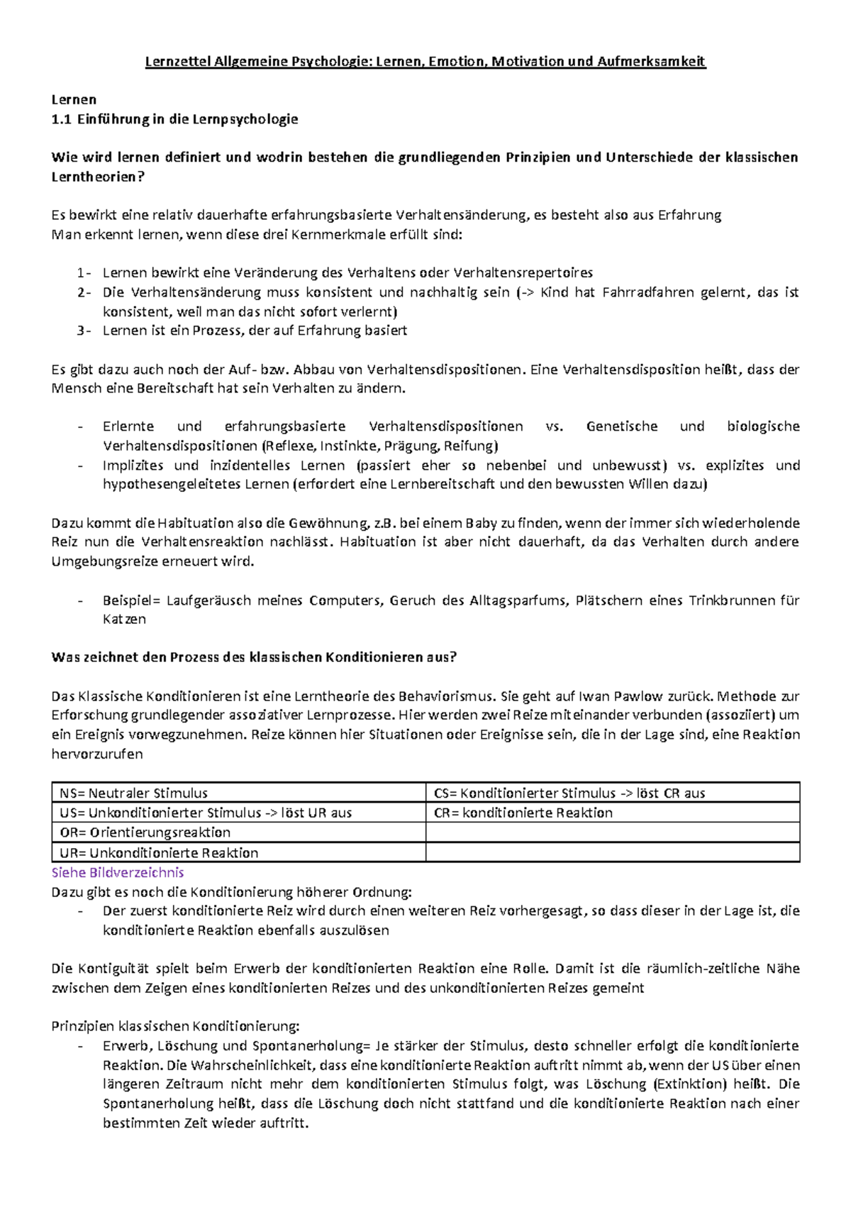 Lernzettel Allgemeine 1 - Allgemeine Psychologie: Lernen, Emotion, Motivation und Aufmerksamkeit ...