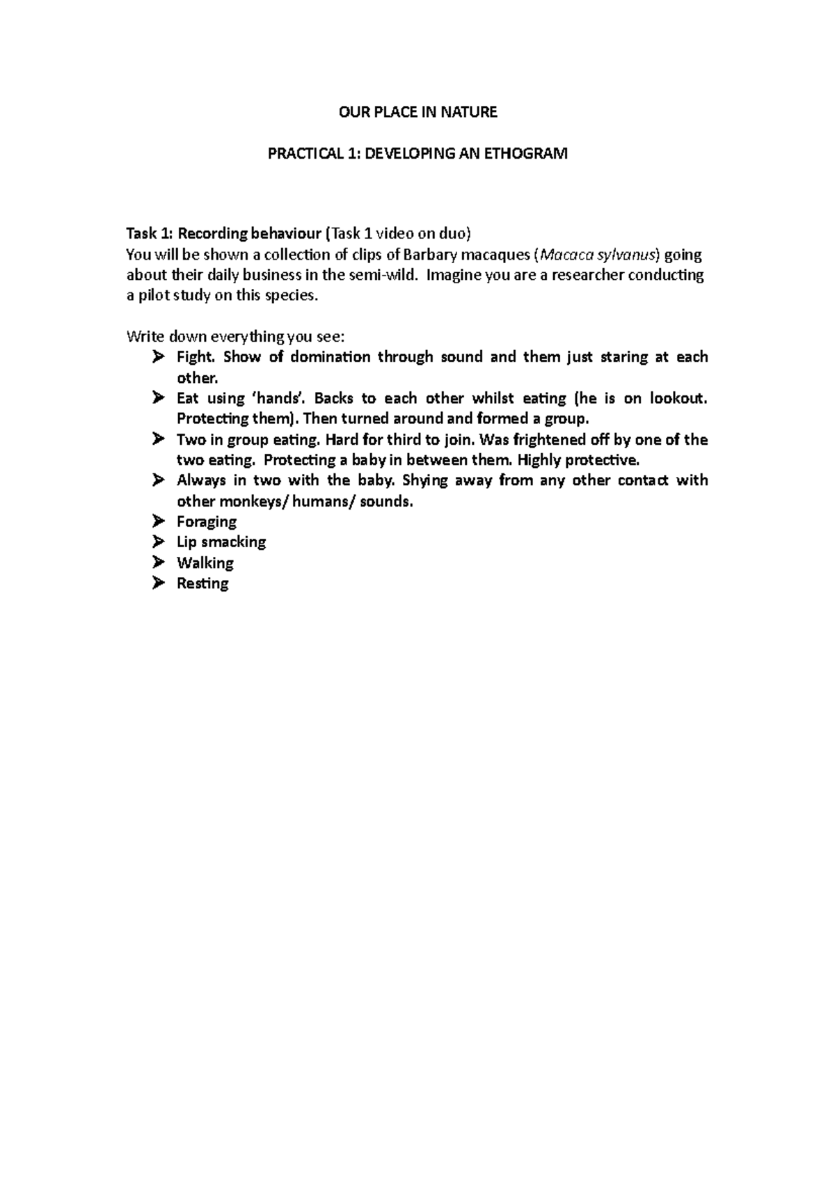 Prac 1 Designing an Ethogram Macaques&African Primates - OUR PLACE IN ...