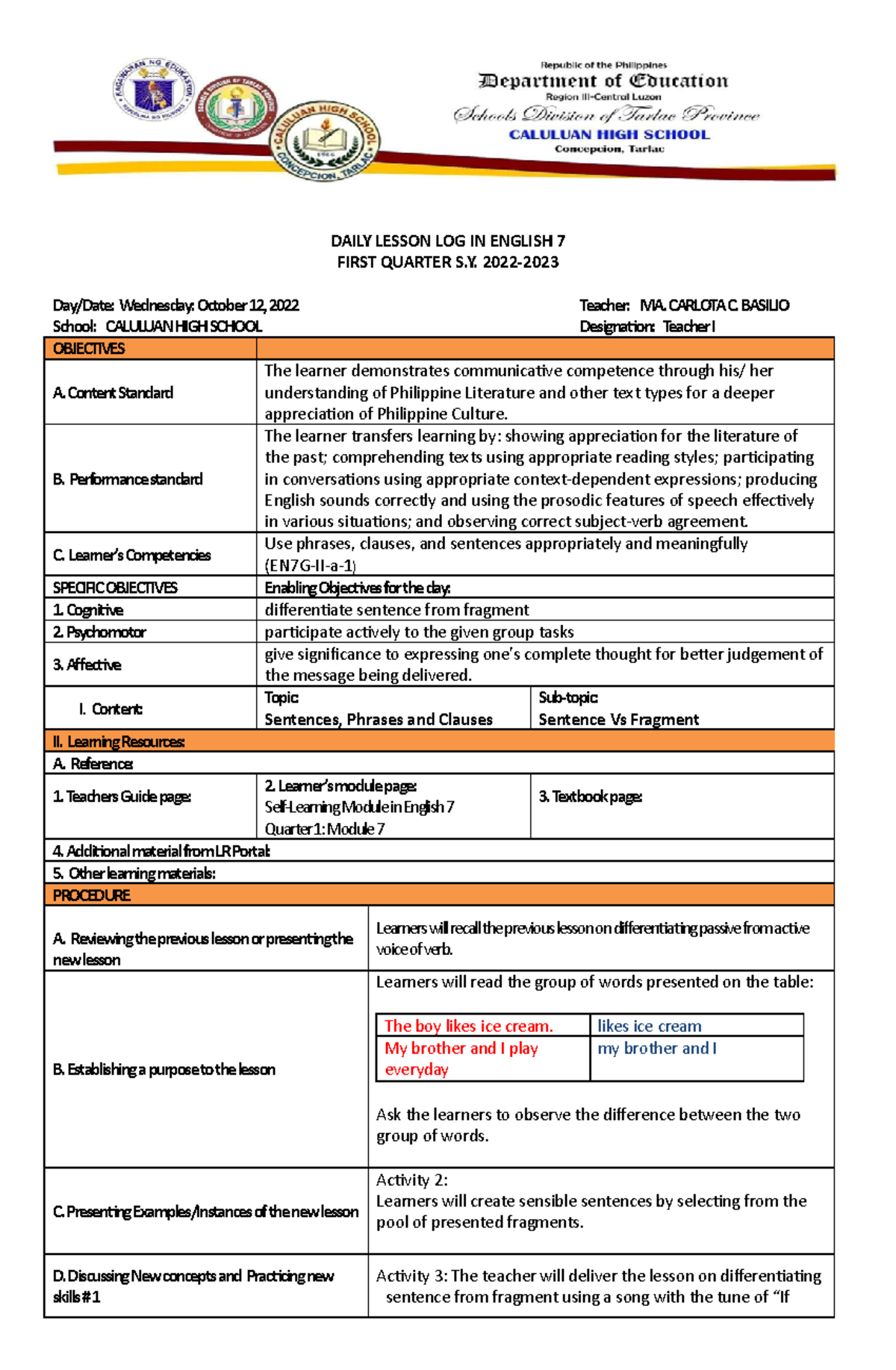 COT 1st Q - Lesson Plan for class observation - DAILY LESSON LOG IN ...