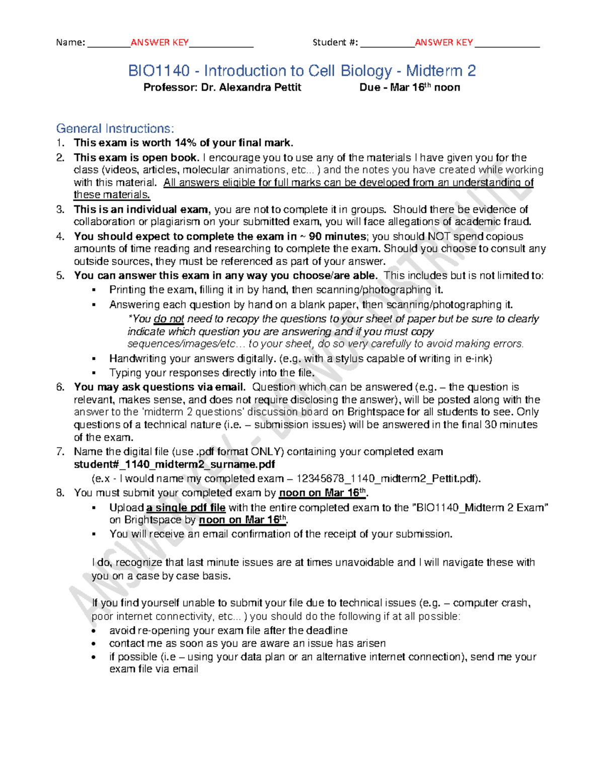 BIO1140-2021-Midterm 2 Answer KEY - BIO 1140 - Introduction to Cell Biology - Midterm 2 ...