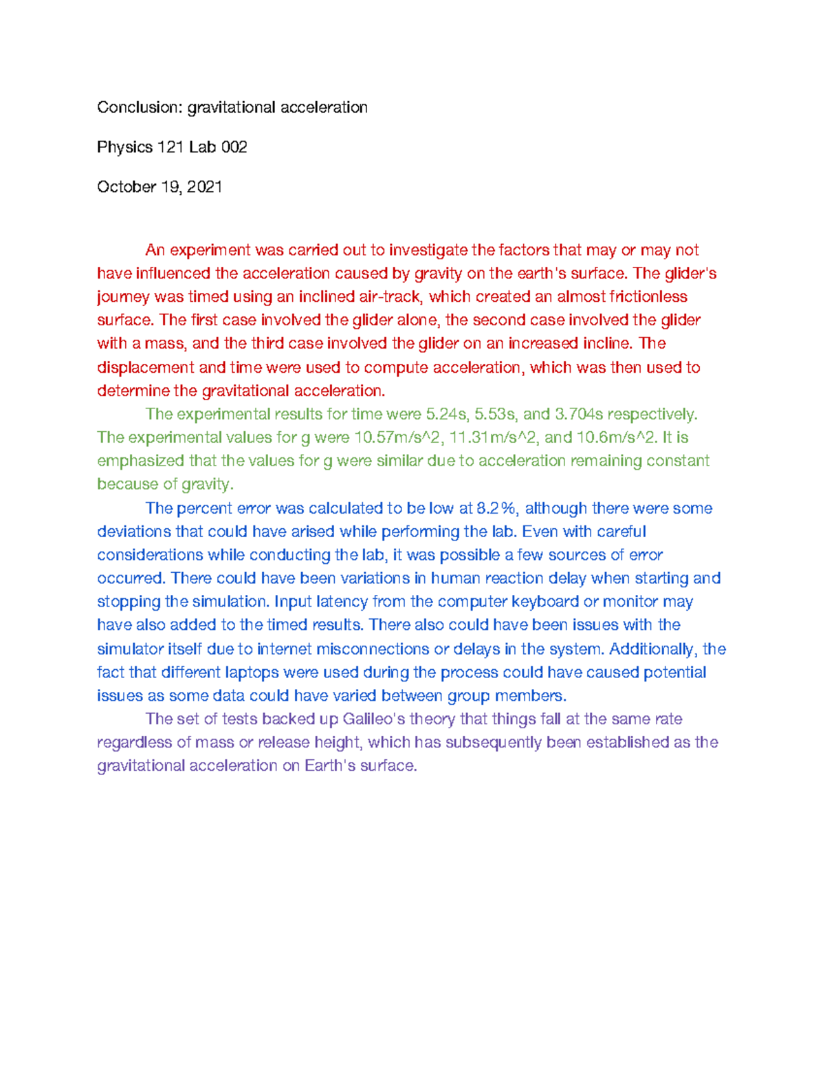 Physics Conclusion - Grade: 95 - Conclusion: gravitational acceleration ...