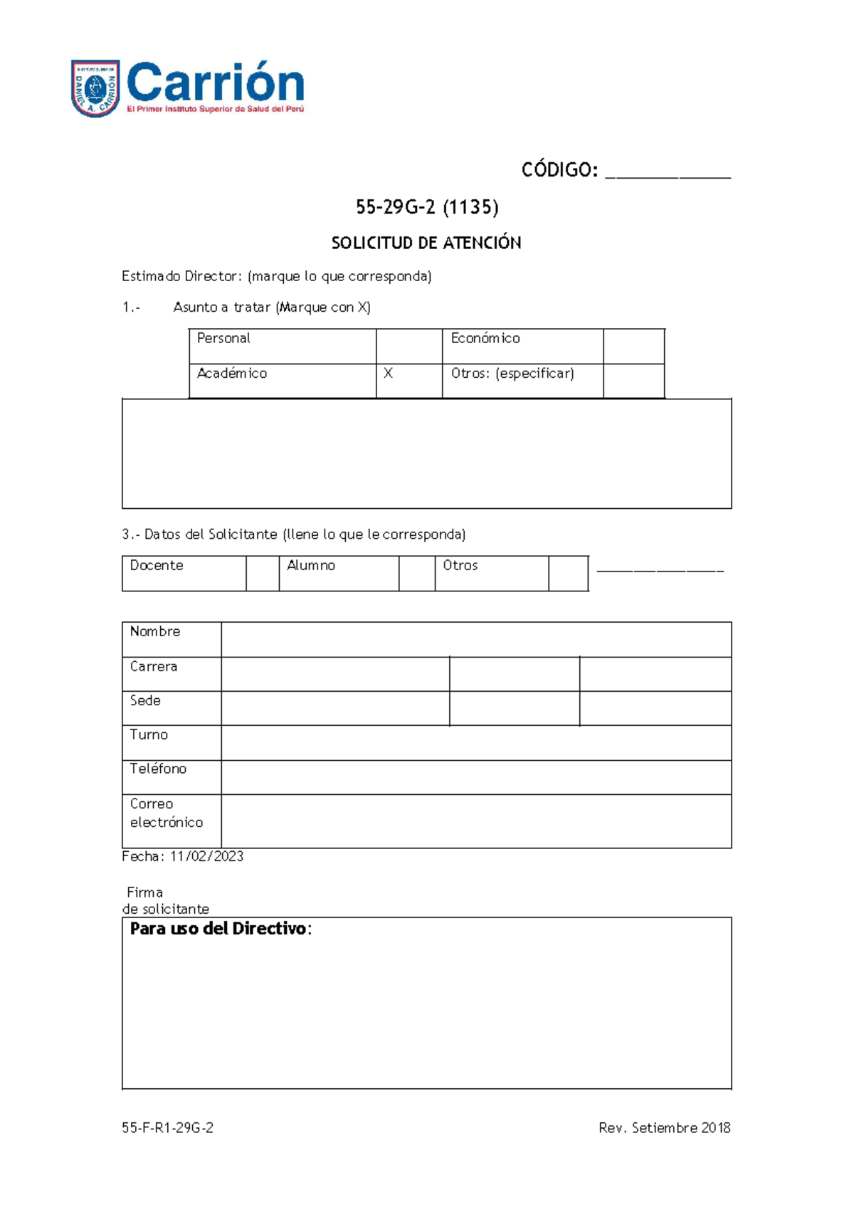 Formato -1135 - documento de solicitud - CÓDIGO: ____________ 55-29G-2 ...
