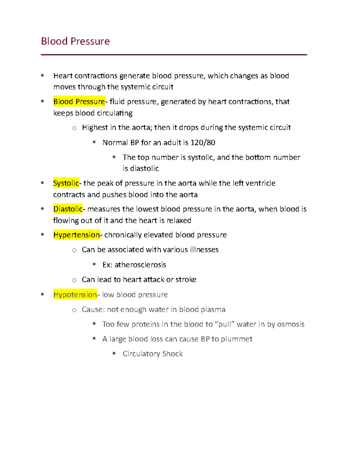 Blood Pressure - Notes - Blood Pressure Heart contractions generate ...
