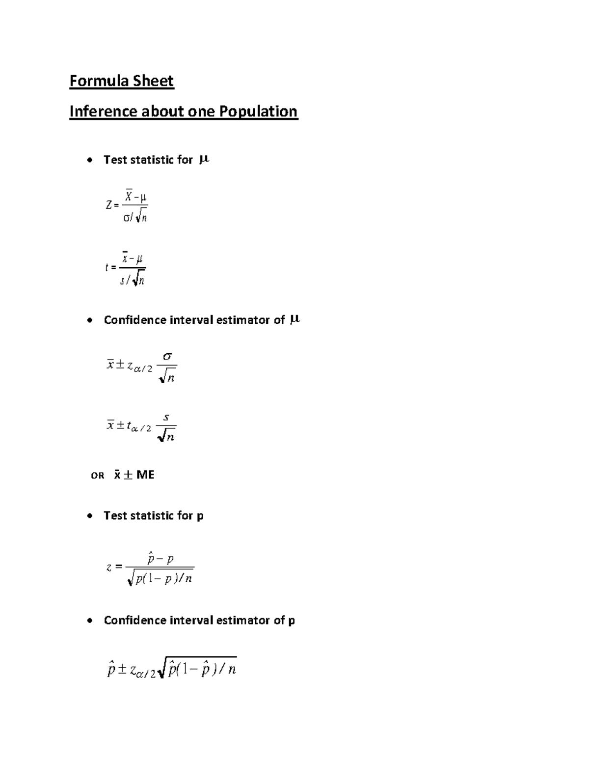 Formula Sheet and tables for Units 5-8 - Formula Sheet Inference about ...
