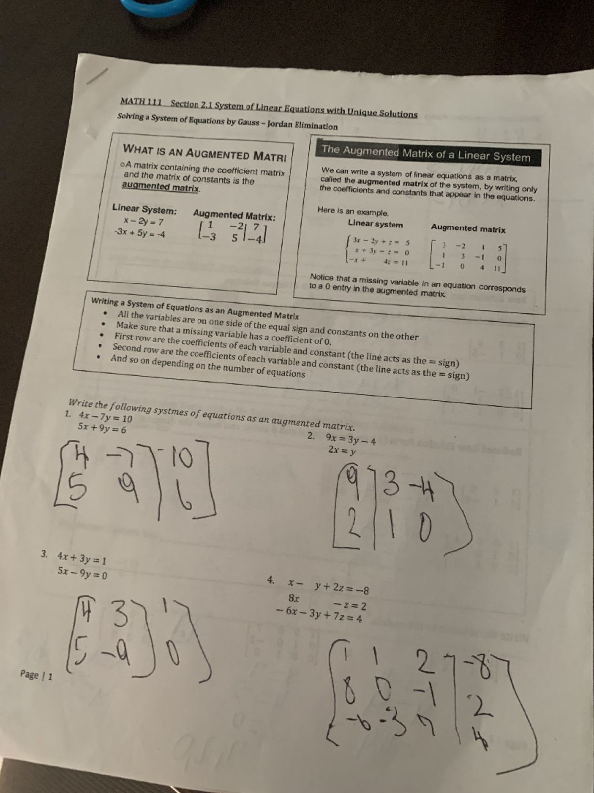 Sytems of Linear equations with unique solutions - MATH 111 - Studocu