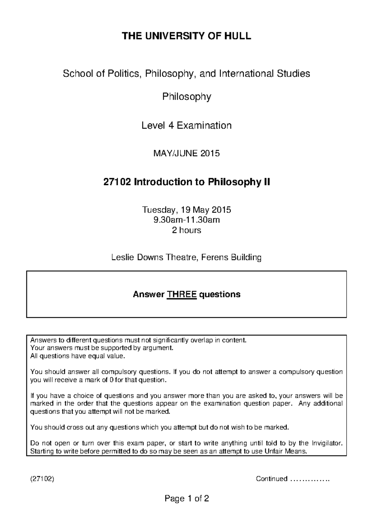 Introduction to philosophy Exam 2015 - THE UNIVERSITY OF HULL School of ...