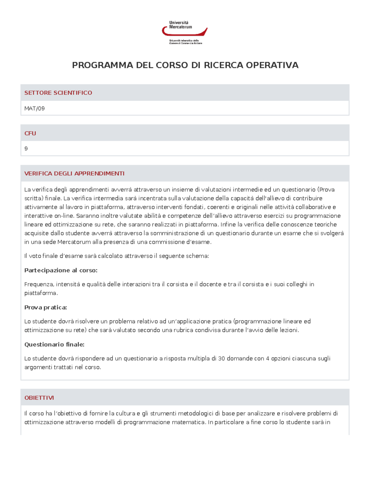 Programma-0091809 MAT09 - PROGRAMMA DEL CORSO DI RICERCA OPERATIVA ...
