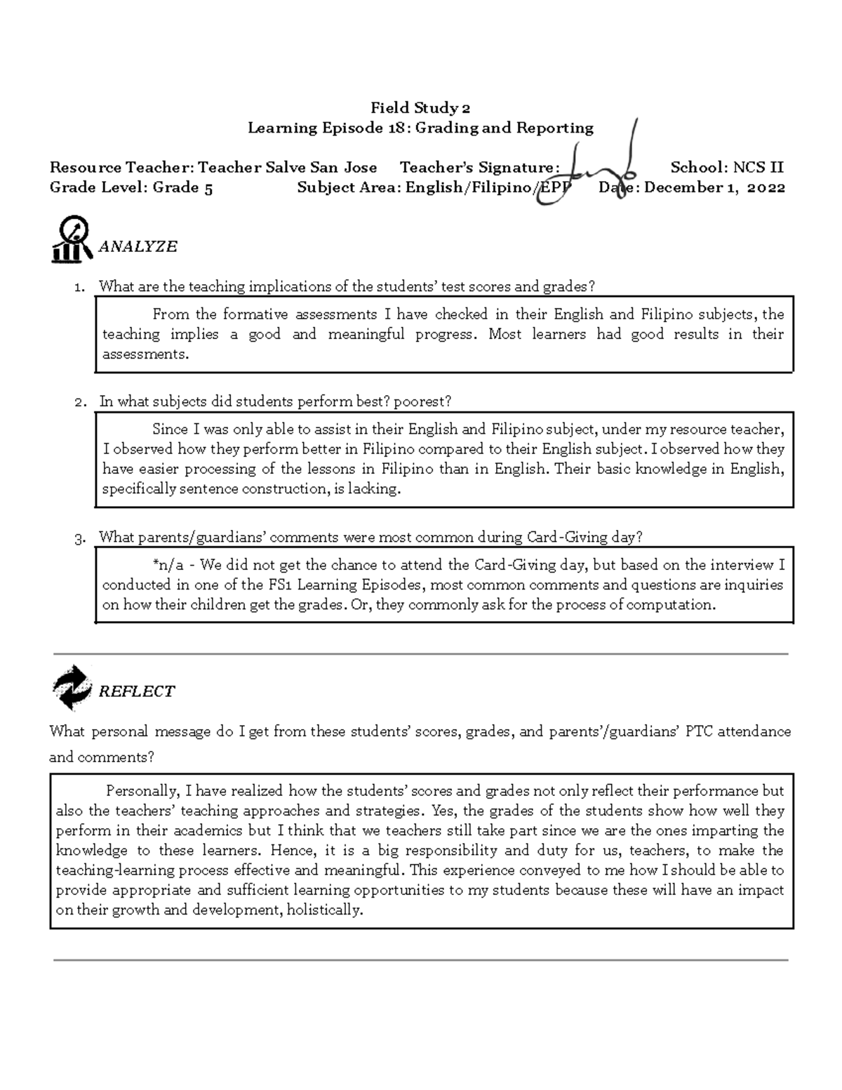 efddzsdgfsfsdsasfa - Field Study 2 Learning Episode 18: Grading and Reporting Resource Teacher ...
