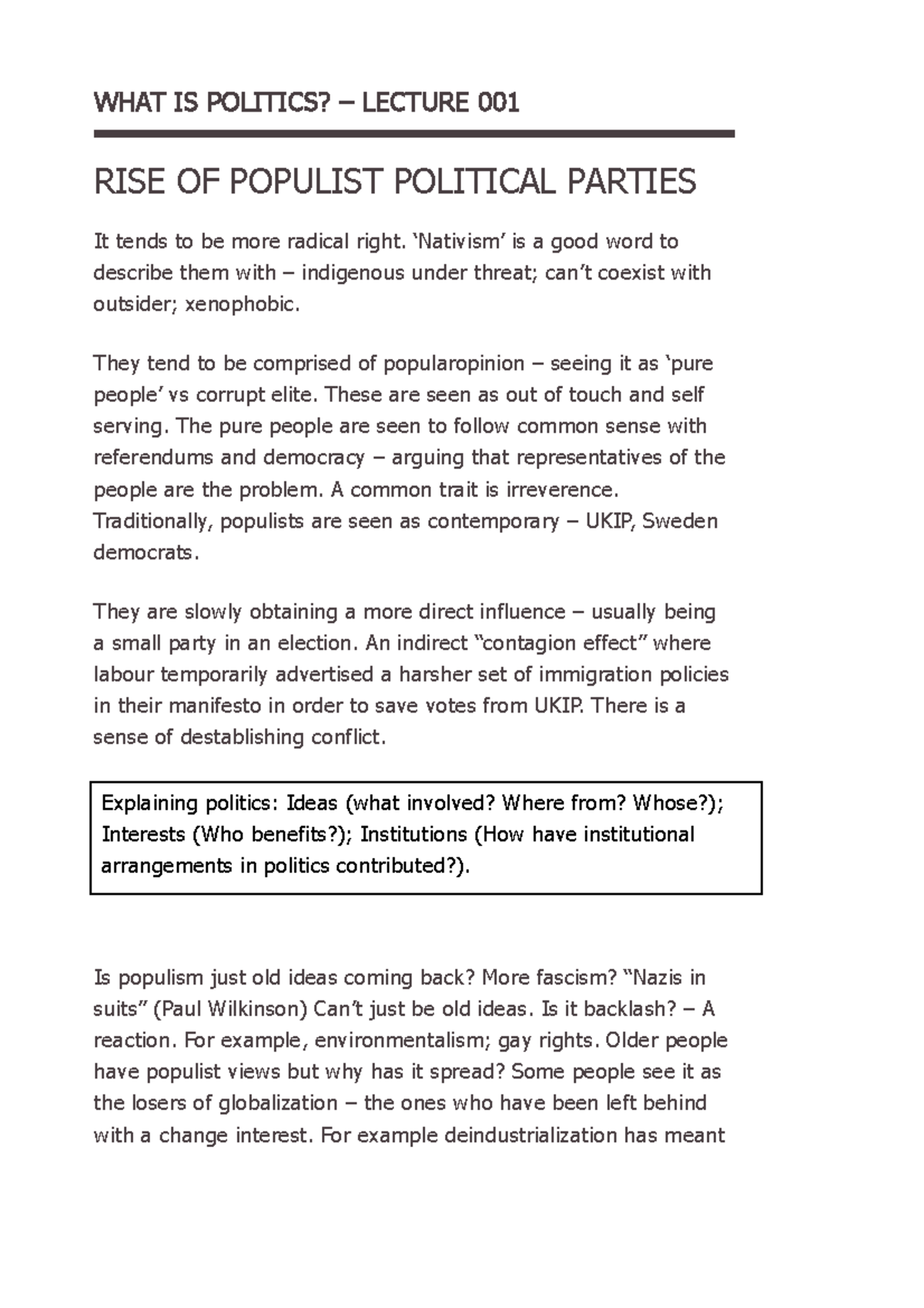 Populism Lecture notes - WHAT IS POLITICS? – LECTURE 001 RISE OF ...