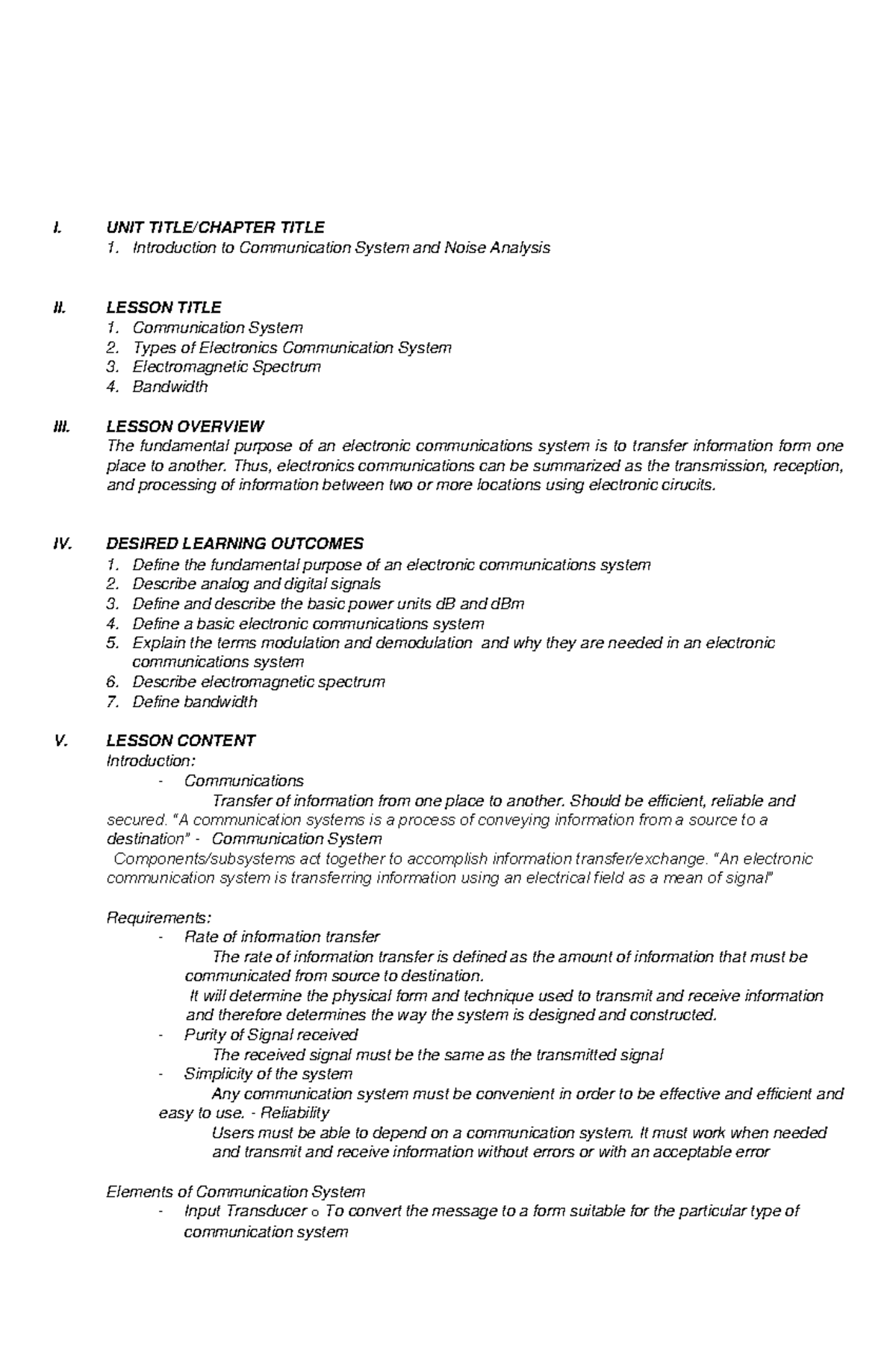 Principles of Communication - Lesson 1 - I. UNIT TITLE/CHAPTER TITLE ...