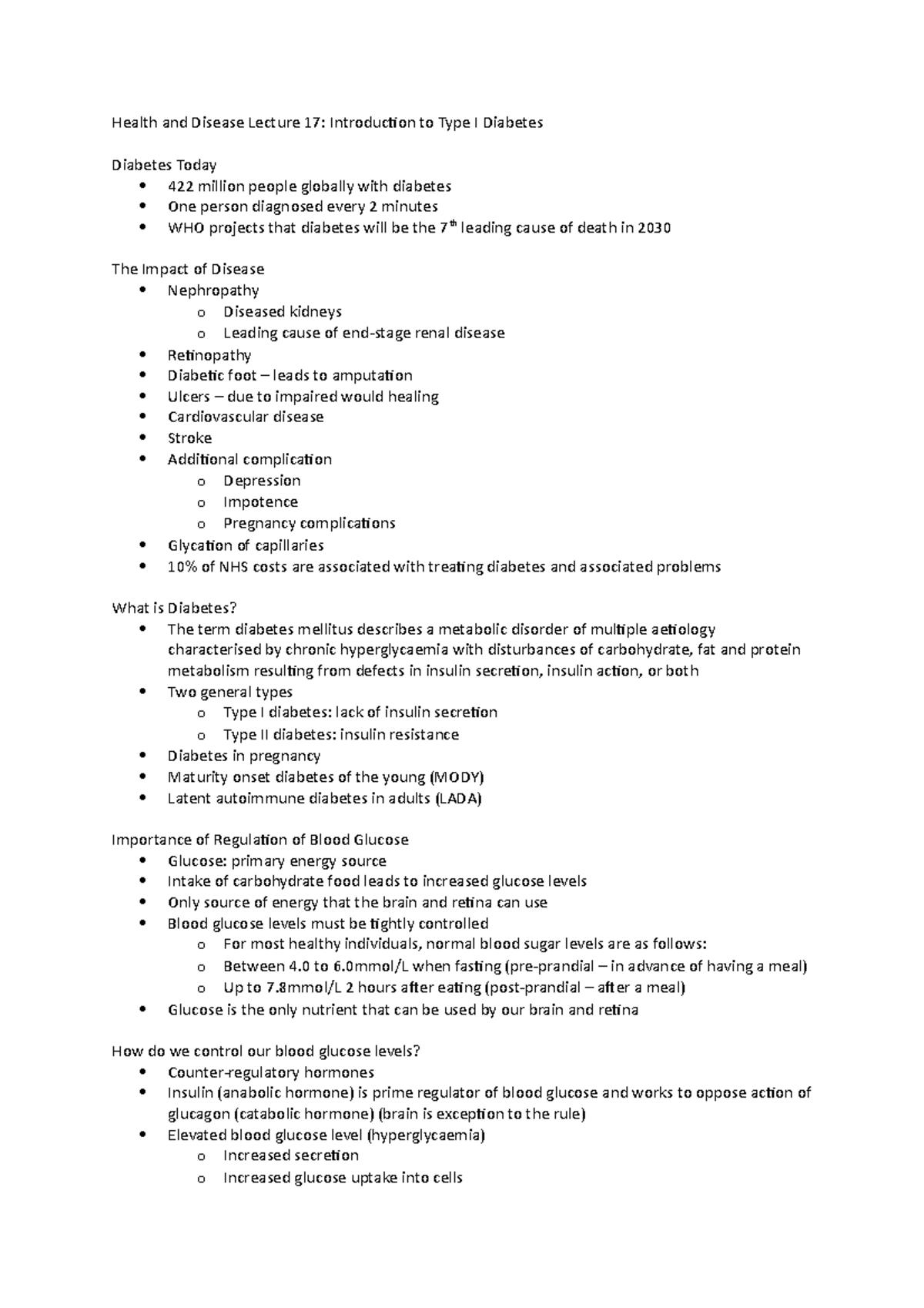 Lecture 17 Notes - Introduction to Type I Diabetes - Health and Disease ...
