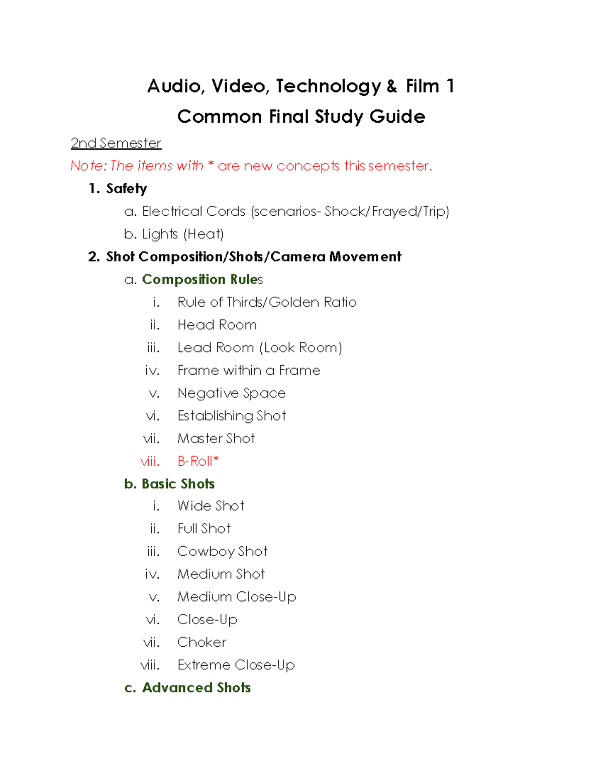 2nd Semester Study Guide - Audio, Video, Technology & Film 1 Common ...