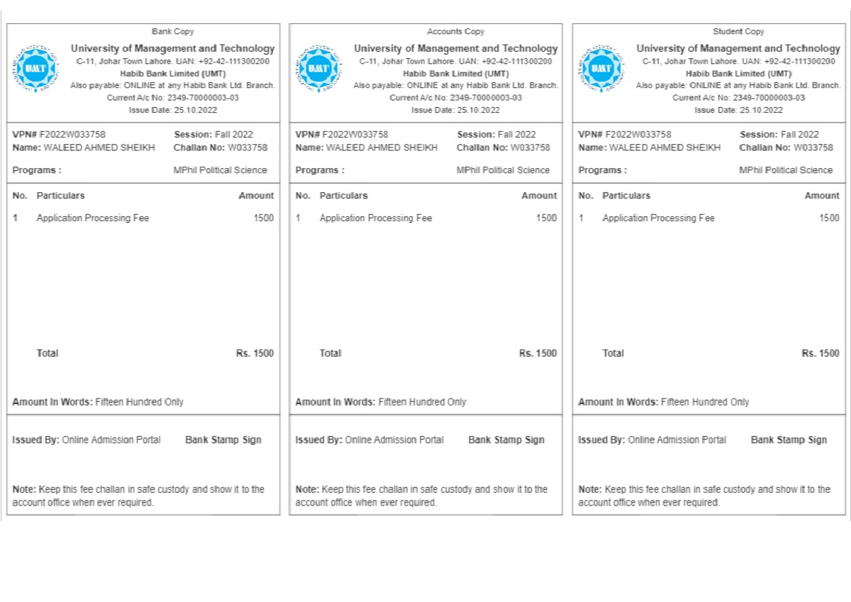 UMTAdmissionfee Challan - instruments and measurements - Studocu