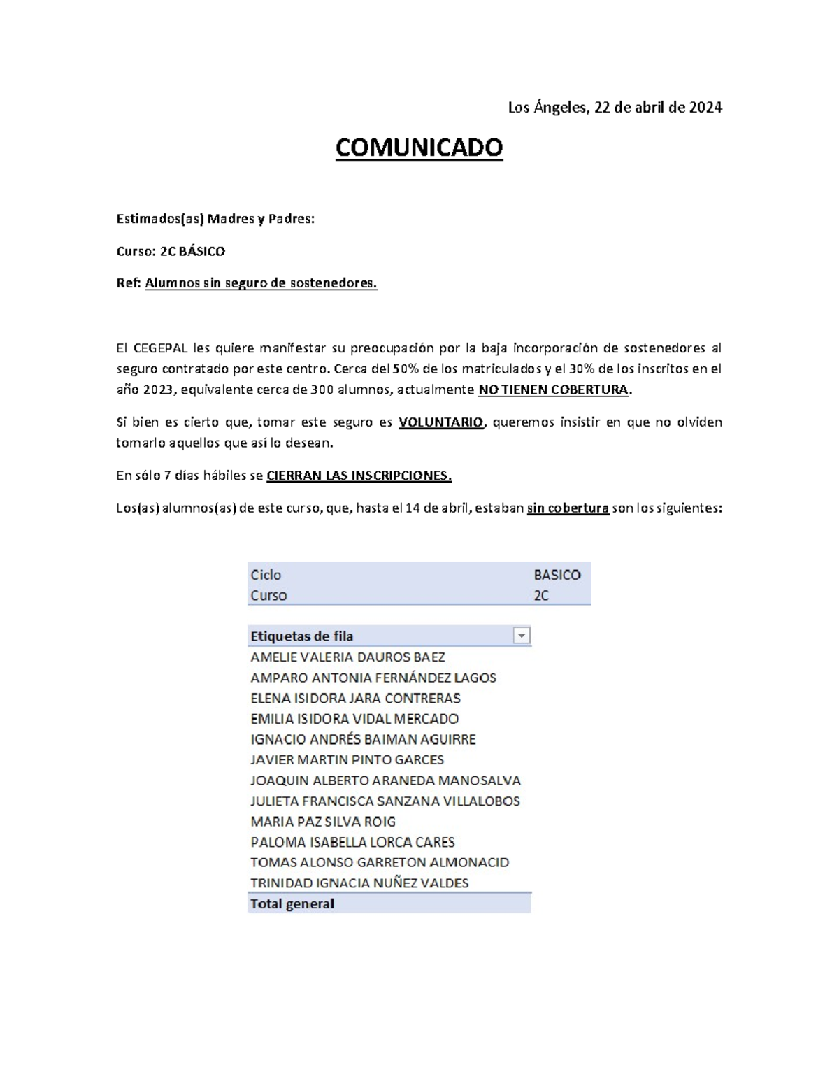 Comunicado 2C Básico - Los Ángeles, 22 de abril de 2024 COMUNICADO ...